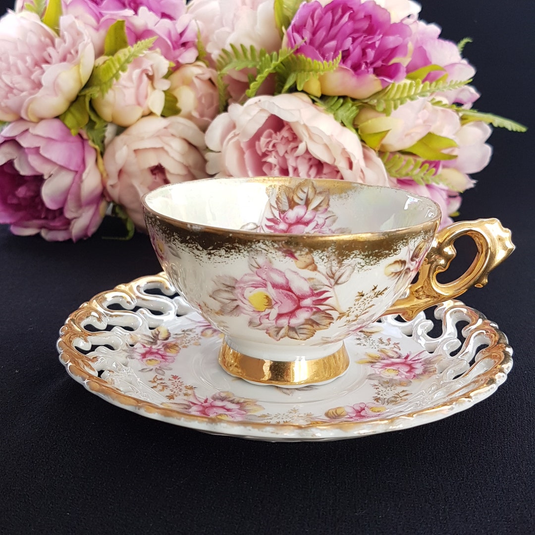 Tea Cup and Saucer, Vintage Shafford Japan, Hand Decorated, Pierced ...