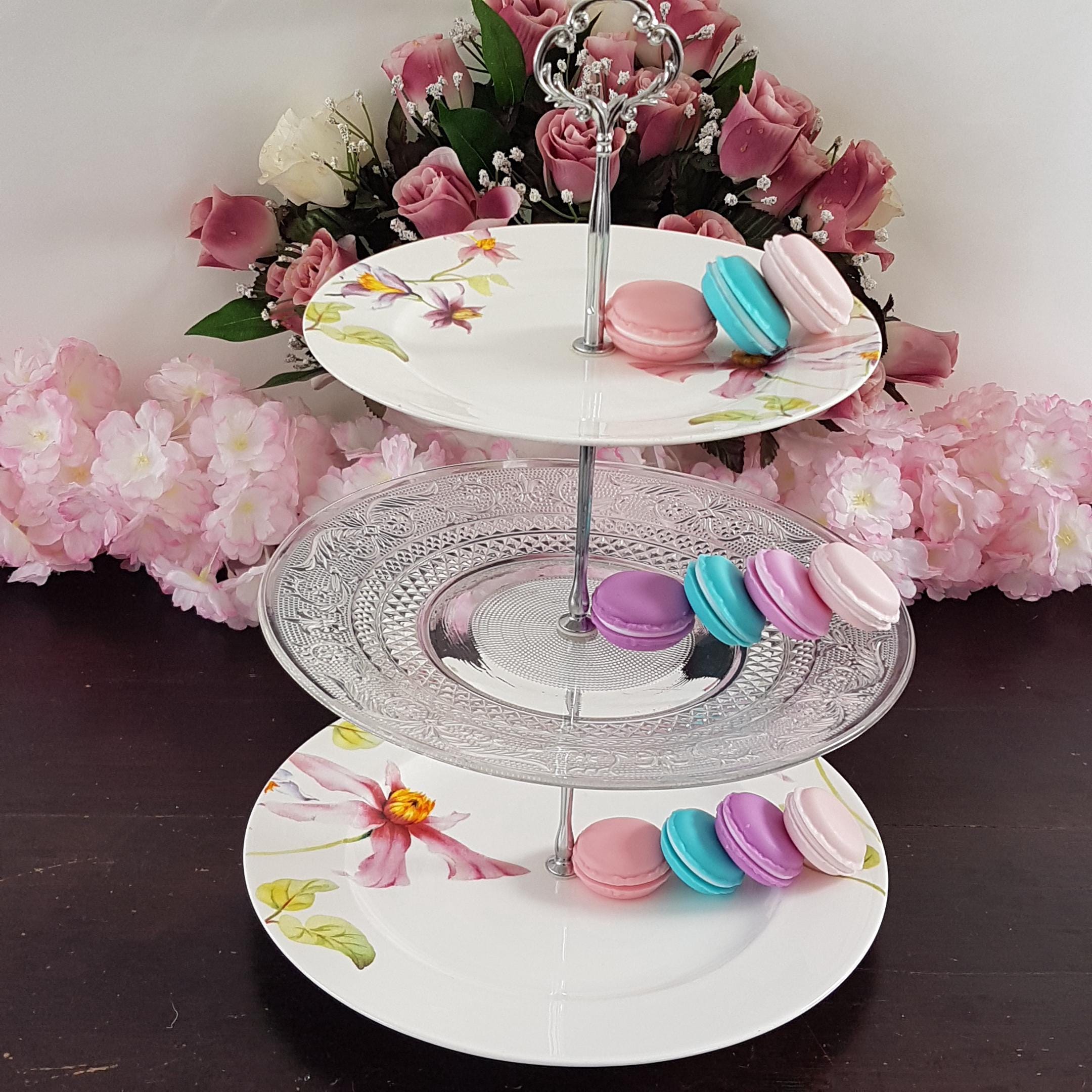 Bone China and Glass 3 Tier Cake Stand, Floral Tiered Plate Serving Tray