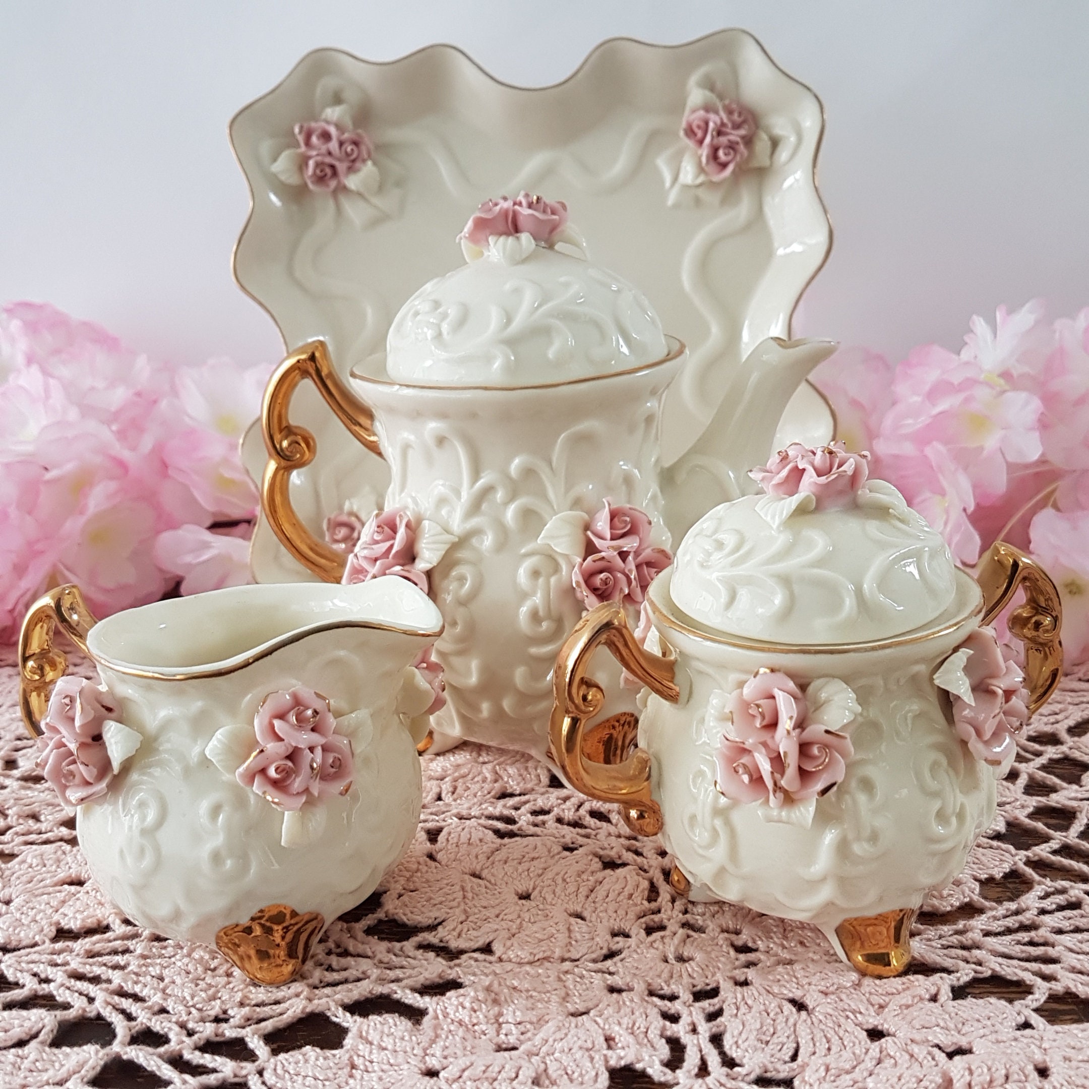 Vintage Porcelain Tea Set with Raised Pink Roses, 4 Piece Tea Pot ...