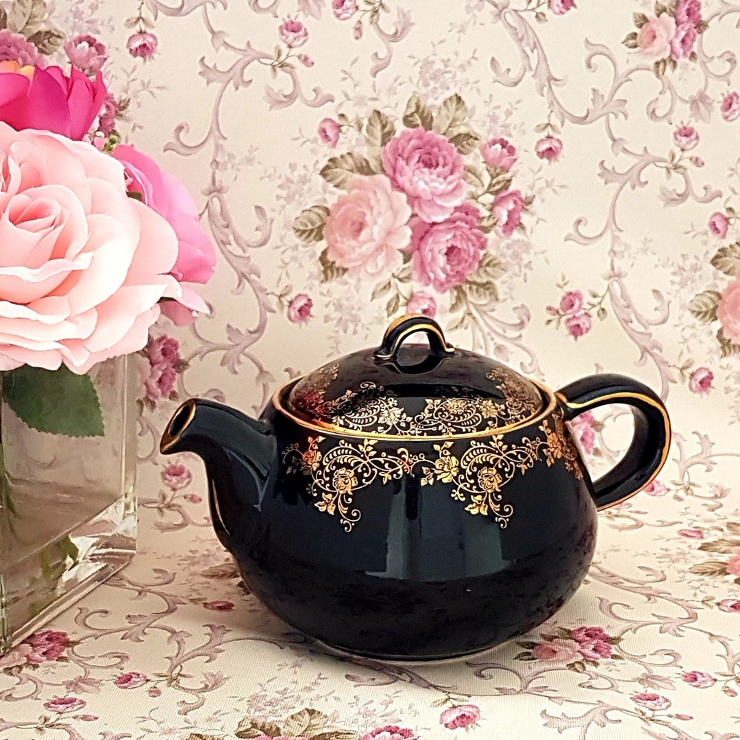 Vintage Cobalt Blue Tea Pot With Gold Floral Overlay, 4 Cup, Unmarked ...