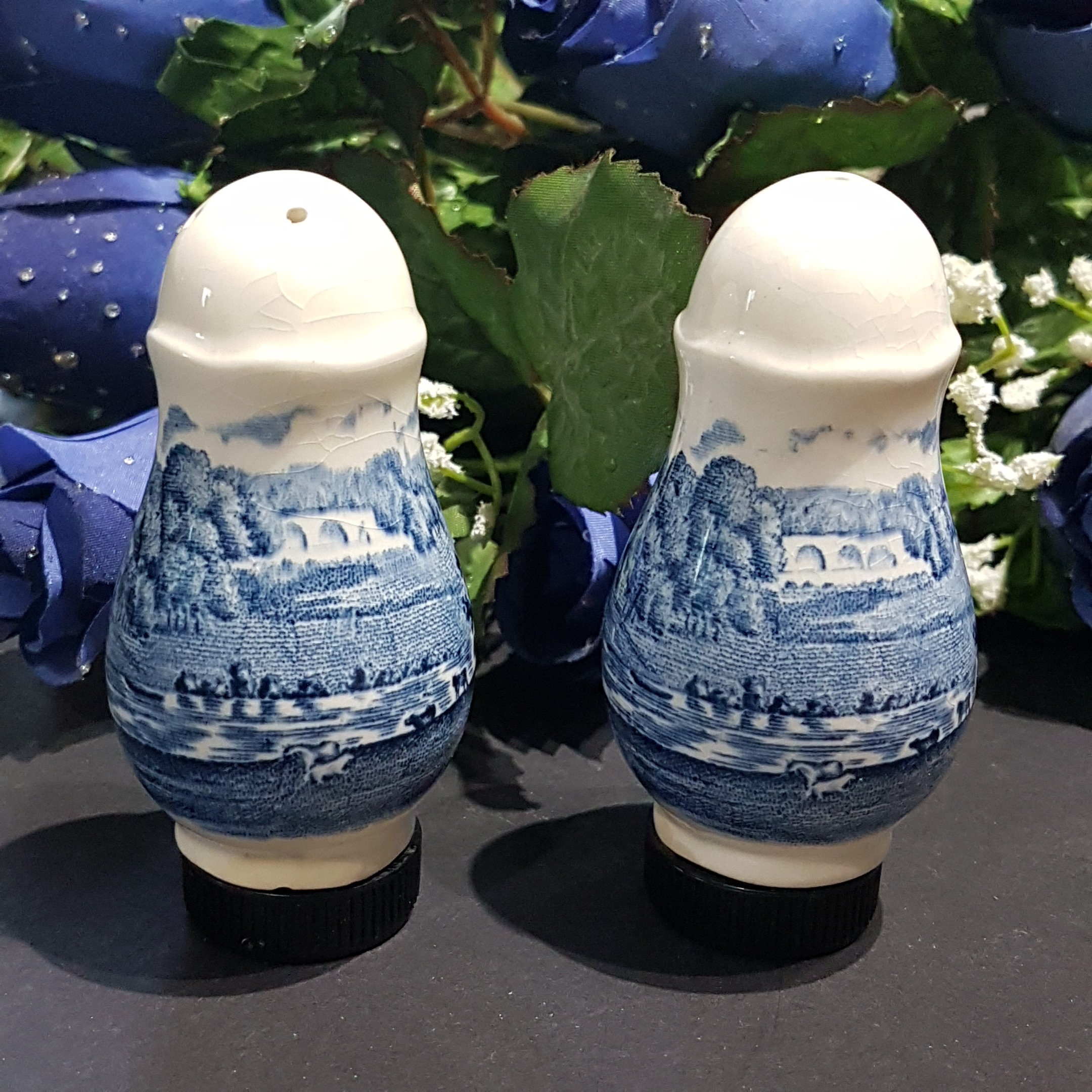 Palissy England Blue Transferware AVON SCENES Salt & Pepper Shaker Set ...