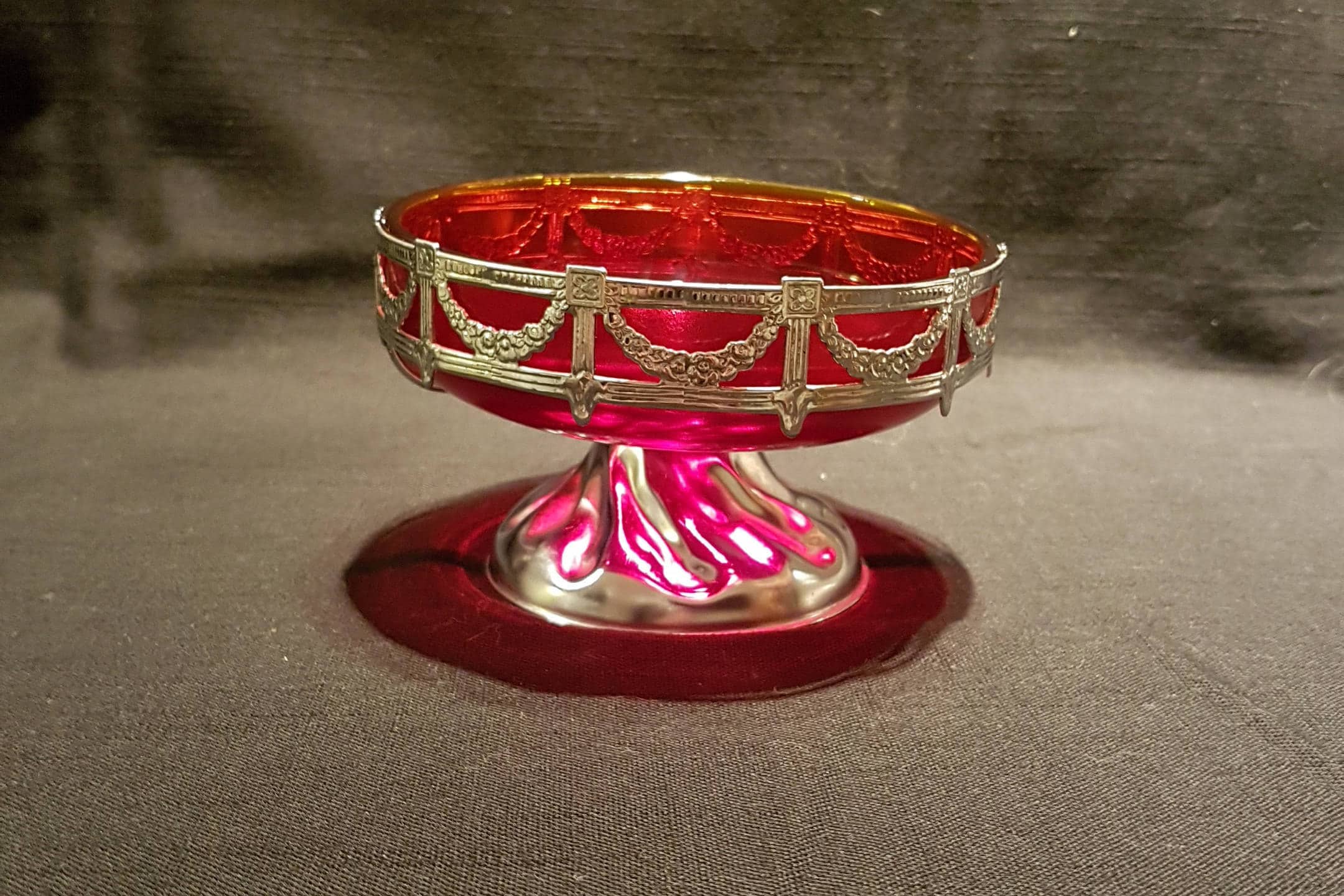 Vintage Ruby Red Glass Dish with Metal Stand, Candy Dish, Trinket Dish