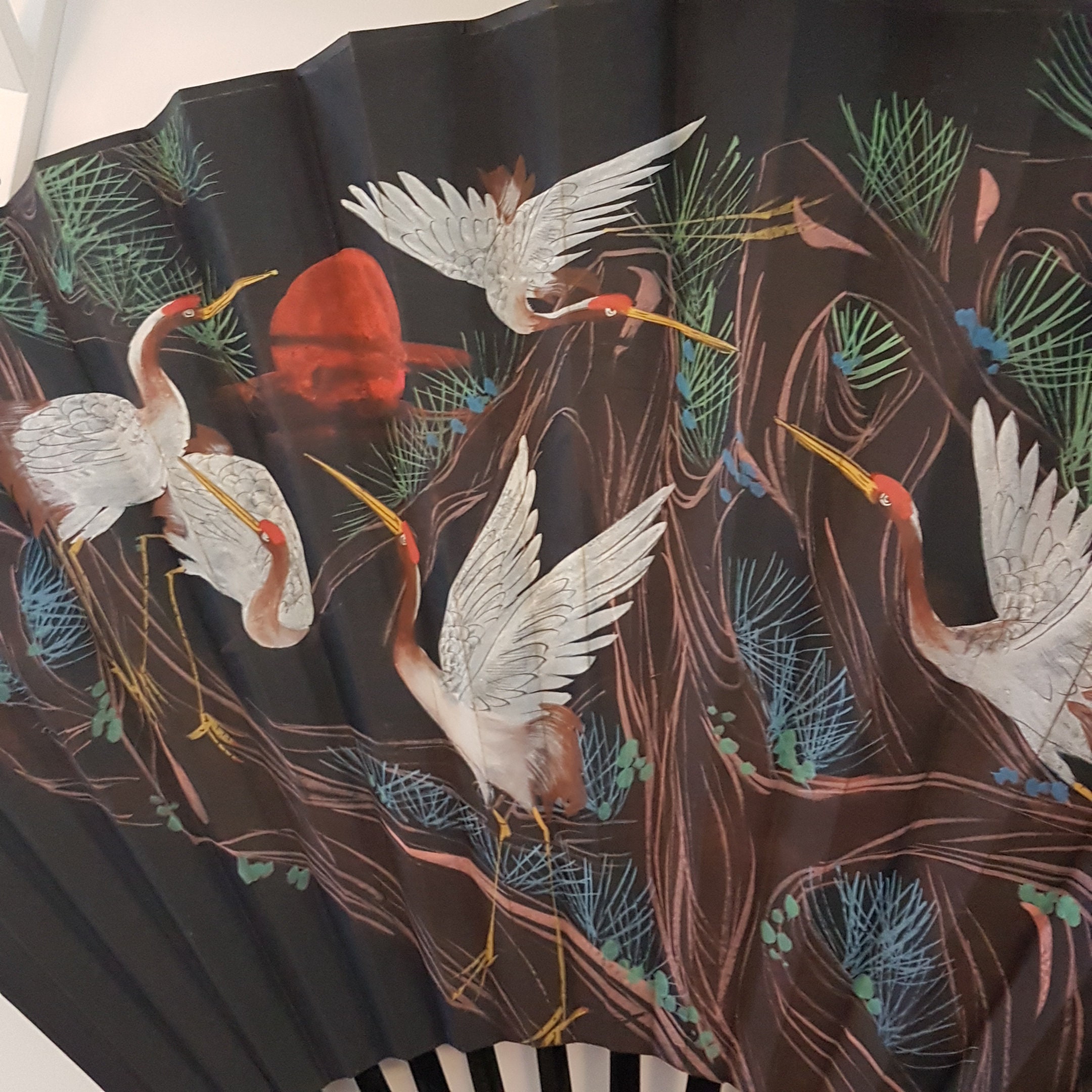 Vintage Large Japanese Decorative Wall Fan, 70 inch, Hand Painted White ...