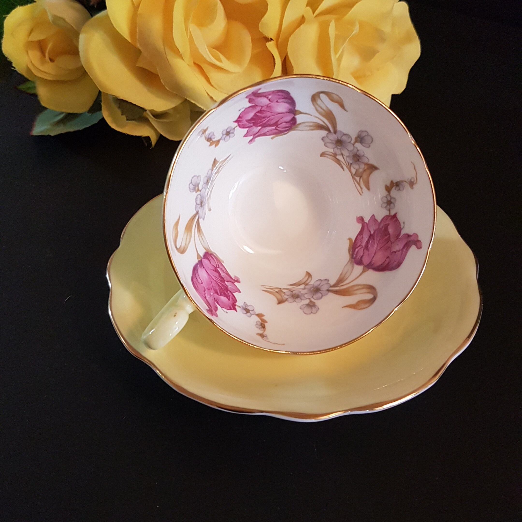 Tea Cup and Saucer, Vintage EB Foley Yellow Tea Cup with Pink Tulips ...