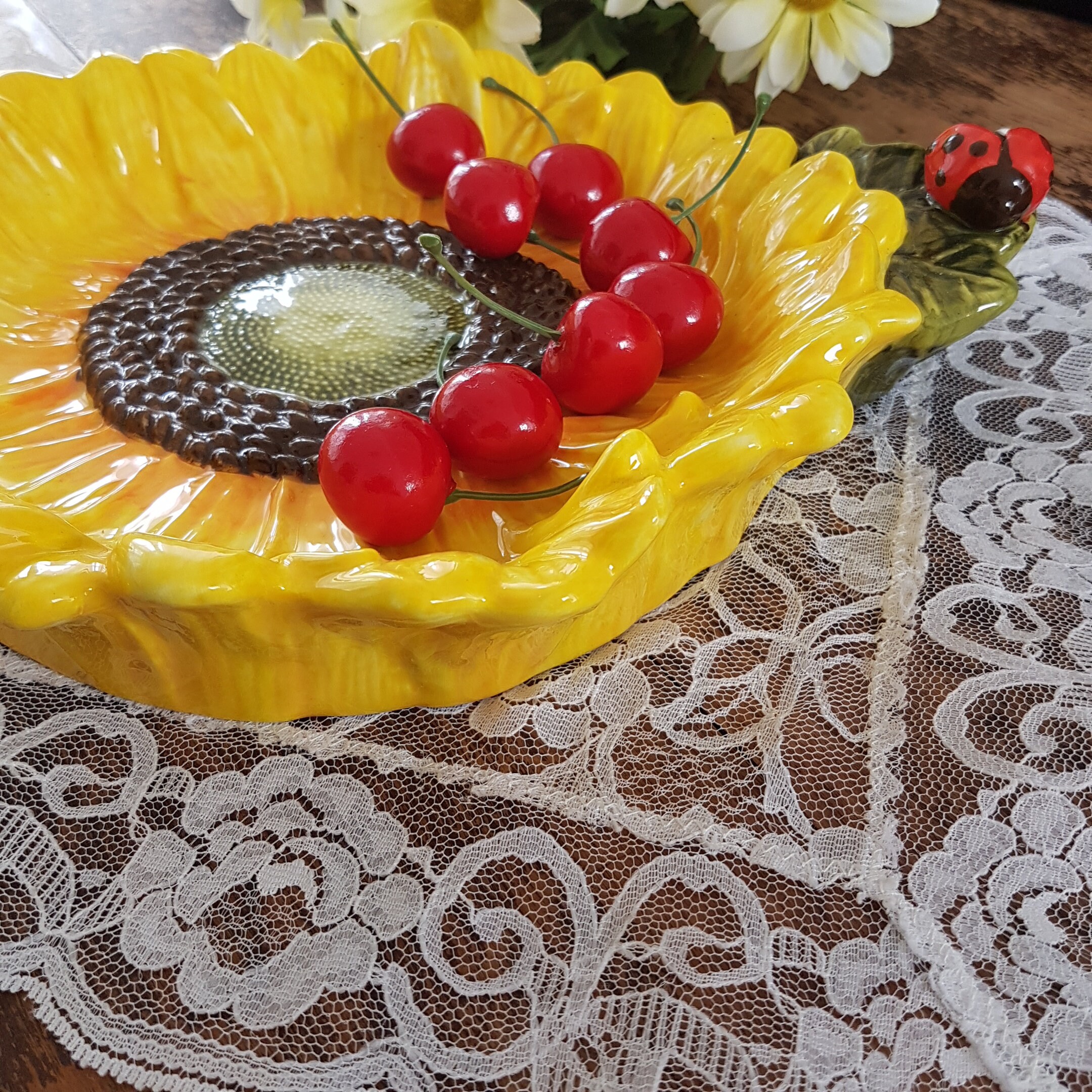 Vintage Ceramic Sunflower Chip Dip Serving Platter with Ladybug