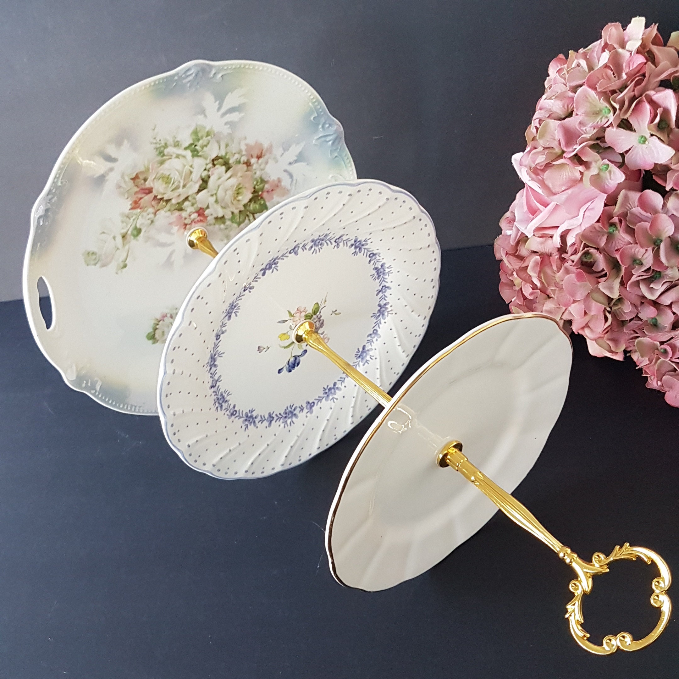 3 Tier Cake Stand, Mismatch Vintage Plates, Blue Purple White, Antique ...