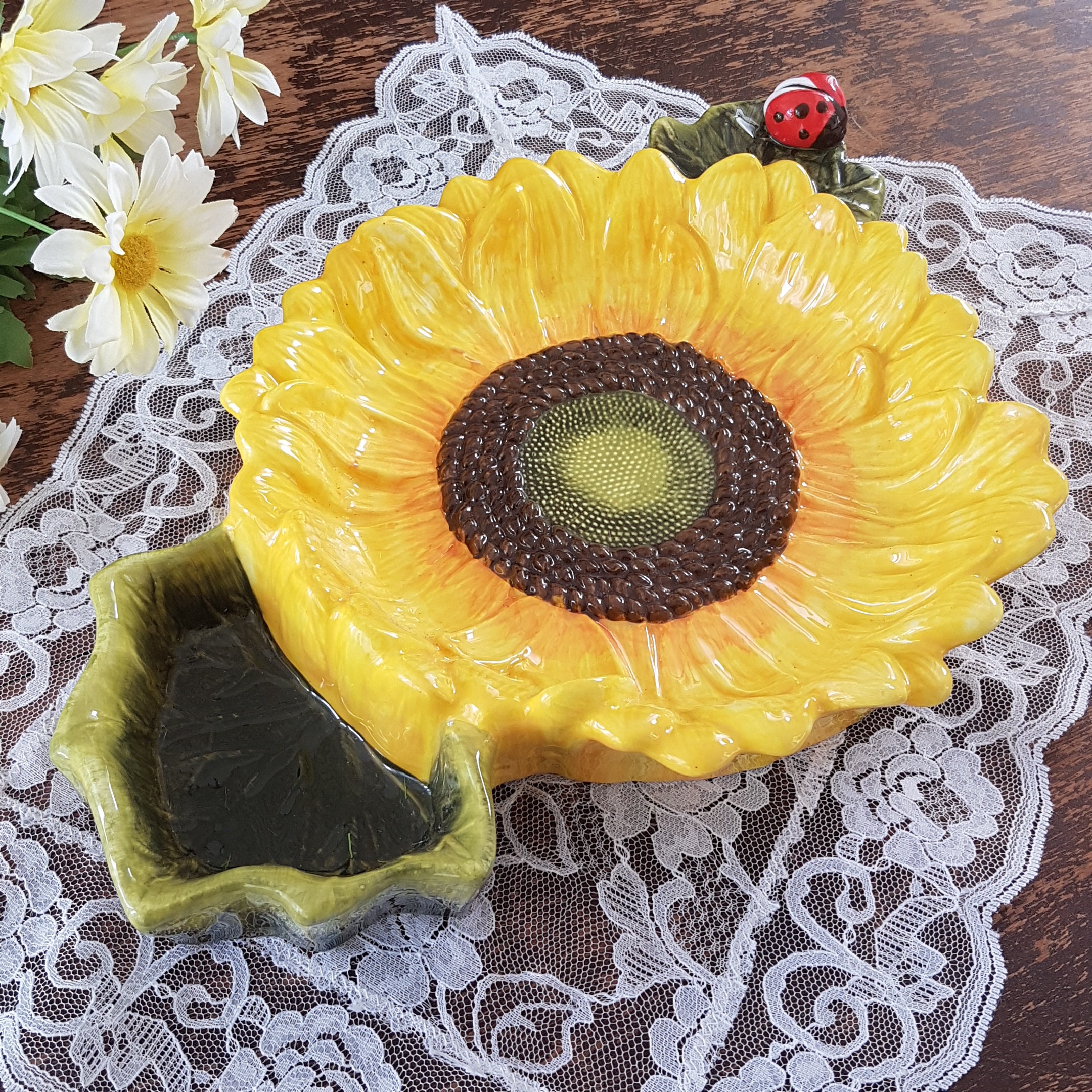 Vintage Ceramic Sunflower Chip Dip Serving Platter with Ladybug