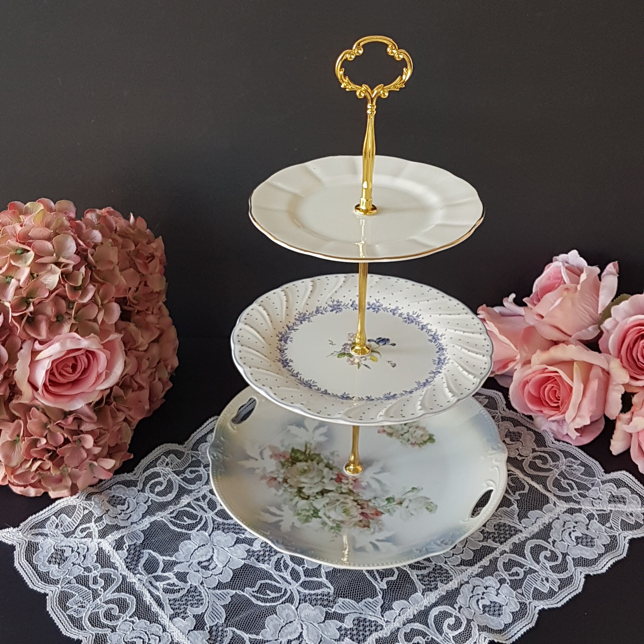 3 Tier Cake Stand, Mismatch Vintage Plates, Blue Purple White, Antique ...