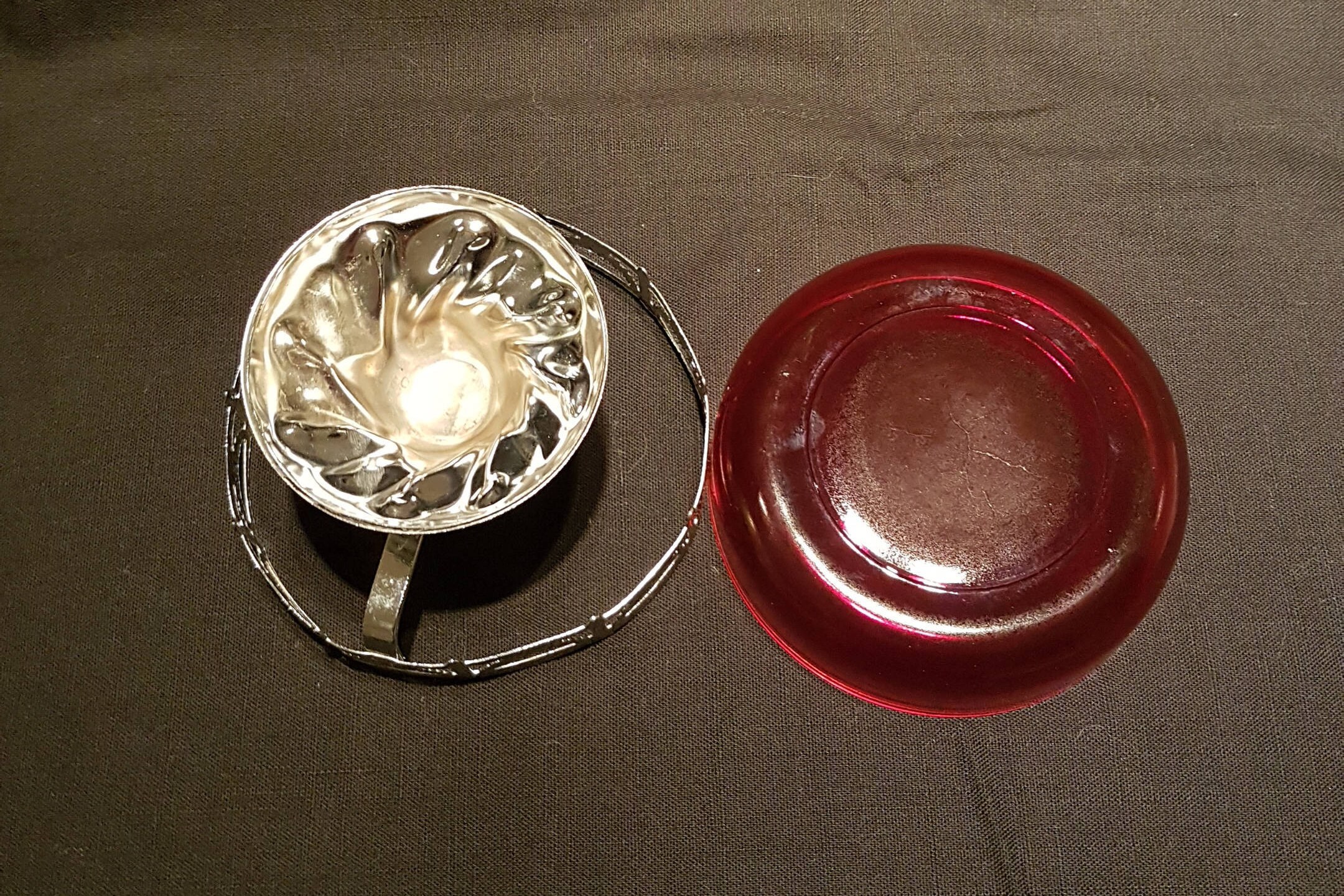 Vintage Ruby Red Glass Dish with Metal Stand, Candy Dish, Trinket Dish