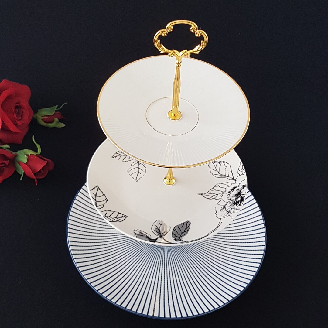 3 Tier Cake Stand, Blue Black Tier Plates, Cupcake Stand, Dessert Treat ...