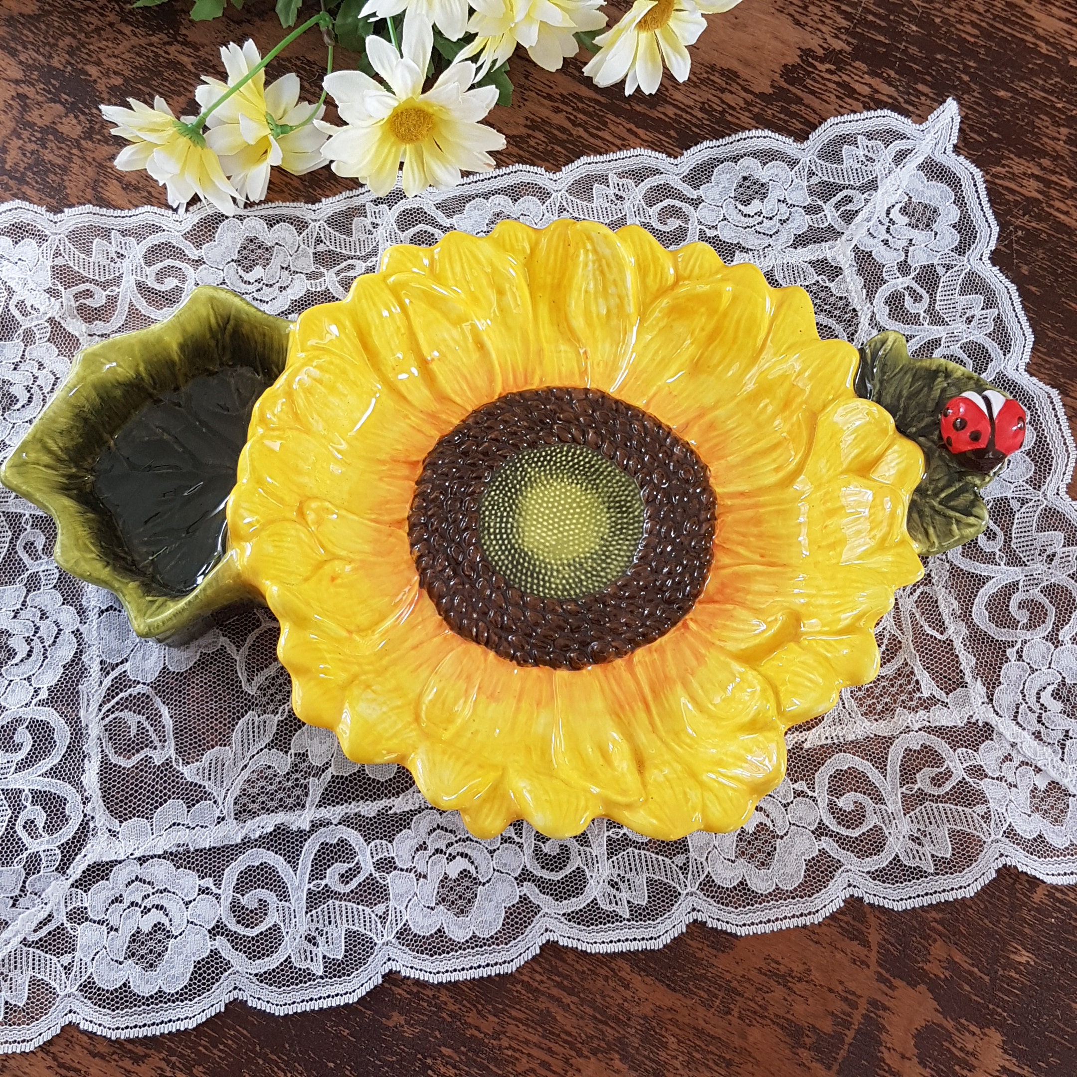 Vintage Ceramic Sunflower Chip Dip Serving Platter with Ladybug