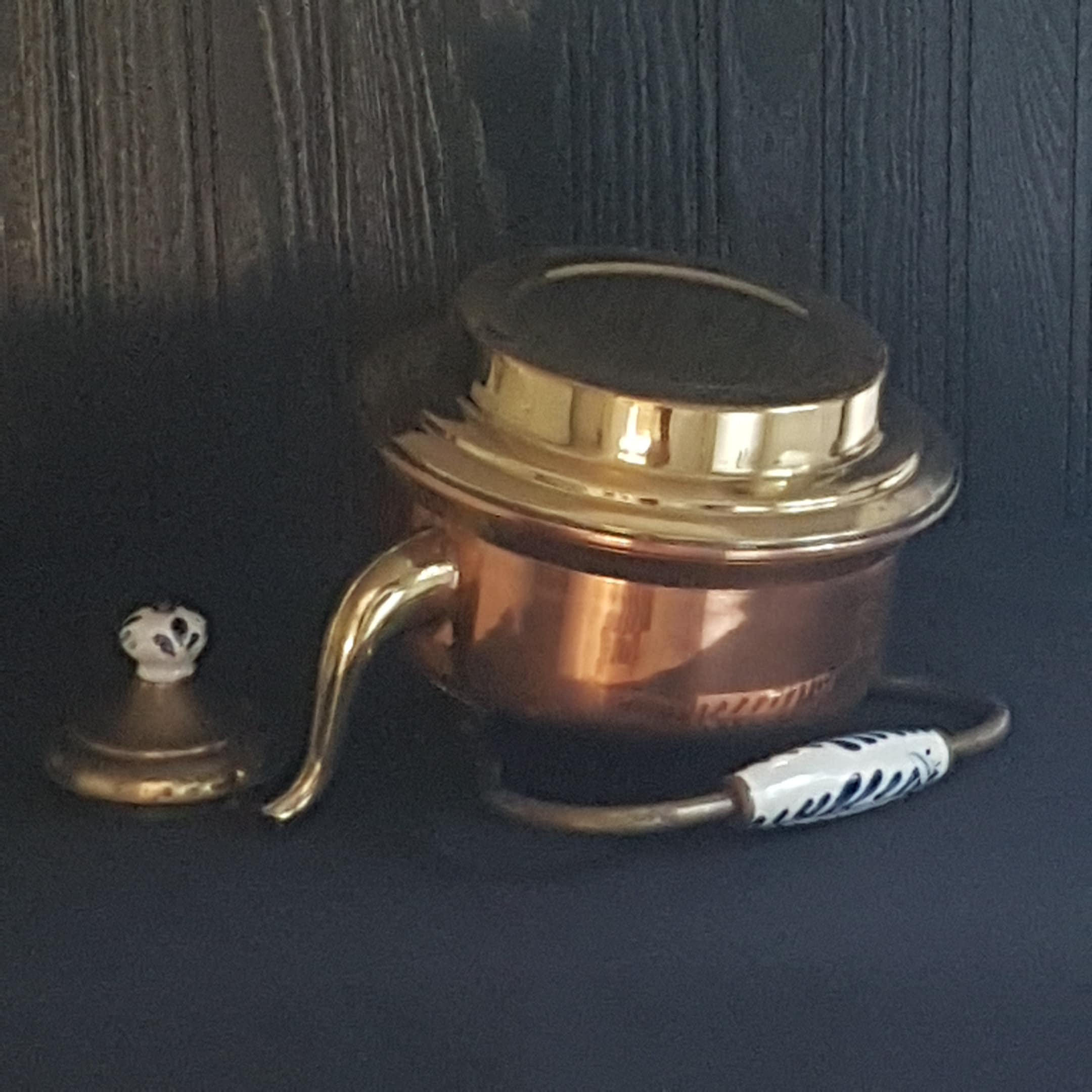 14 cup Copper & Brass Tea Kettle, Blue and White Porcelain Handle ...