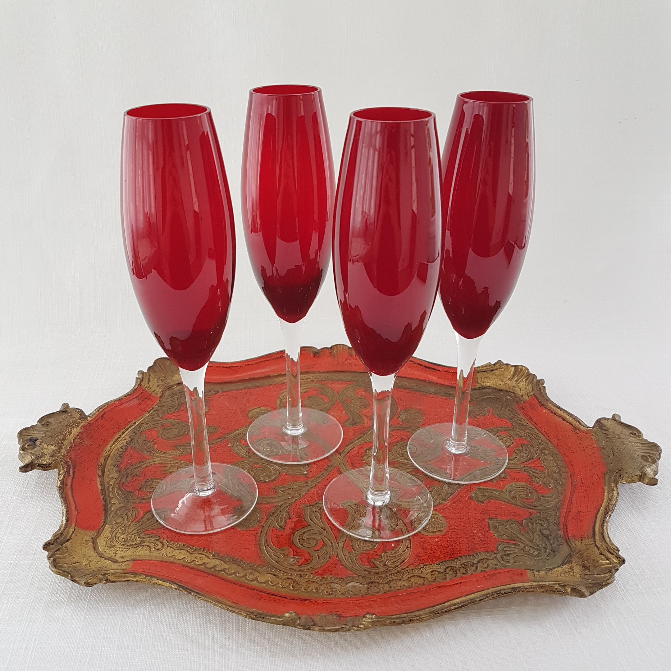 Ruby Red Champagne Glasses, Set of 4 Hand Blown Red Champagne Flutes