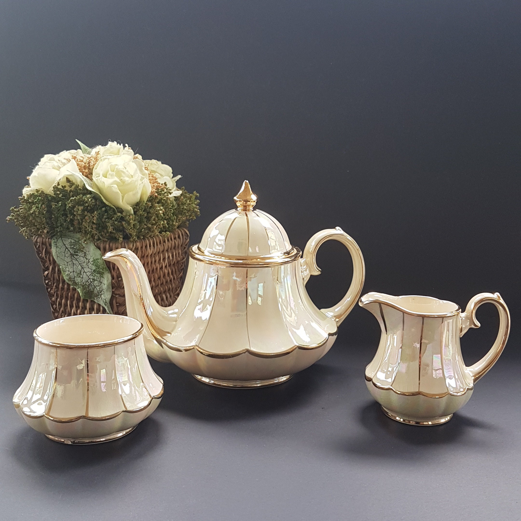 Sadler England Pearl Lustre Tea Set, Teapot Creamer & Sugar Bowl, Bell ...