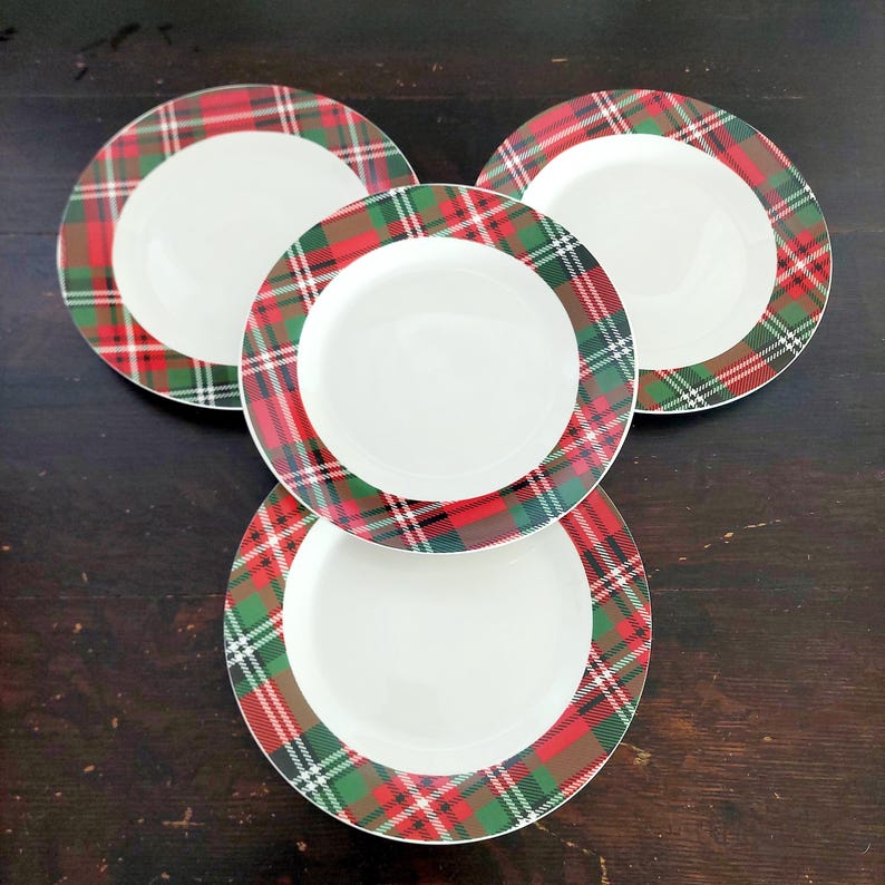 Red Tartan Stoneware Dinnerware Set - 8 Inch Dessert Plates, Set of 4 ...