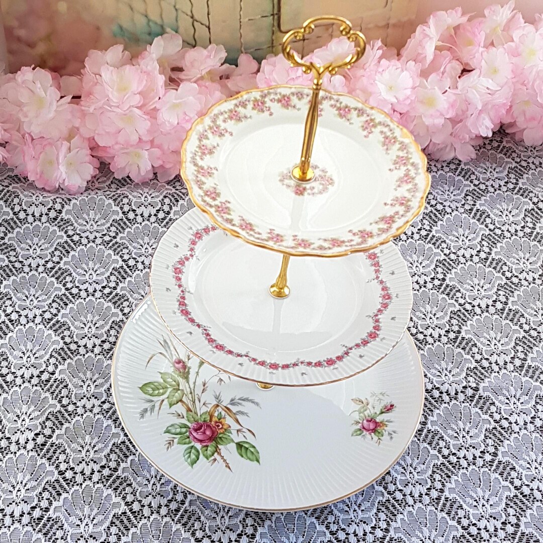 Handmade 3 Tier Cake Stand, Unique Pink Roses Porcelain Tiered Dessert ...