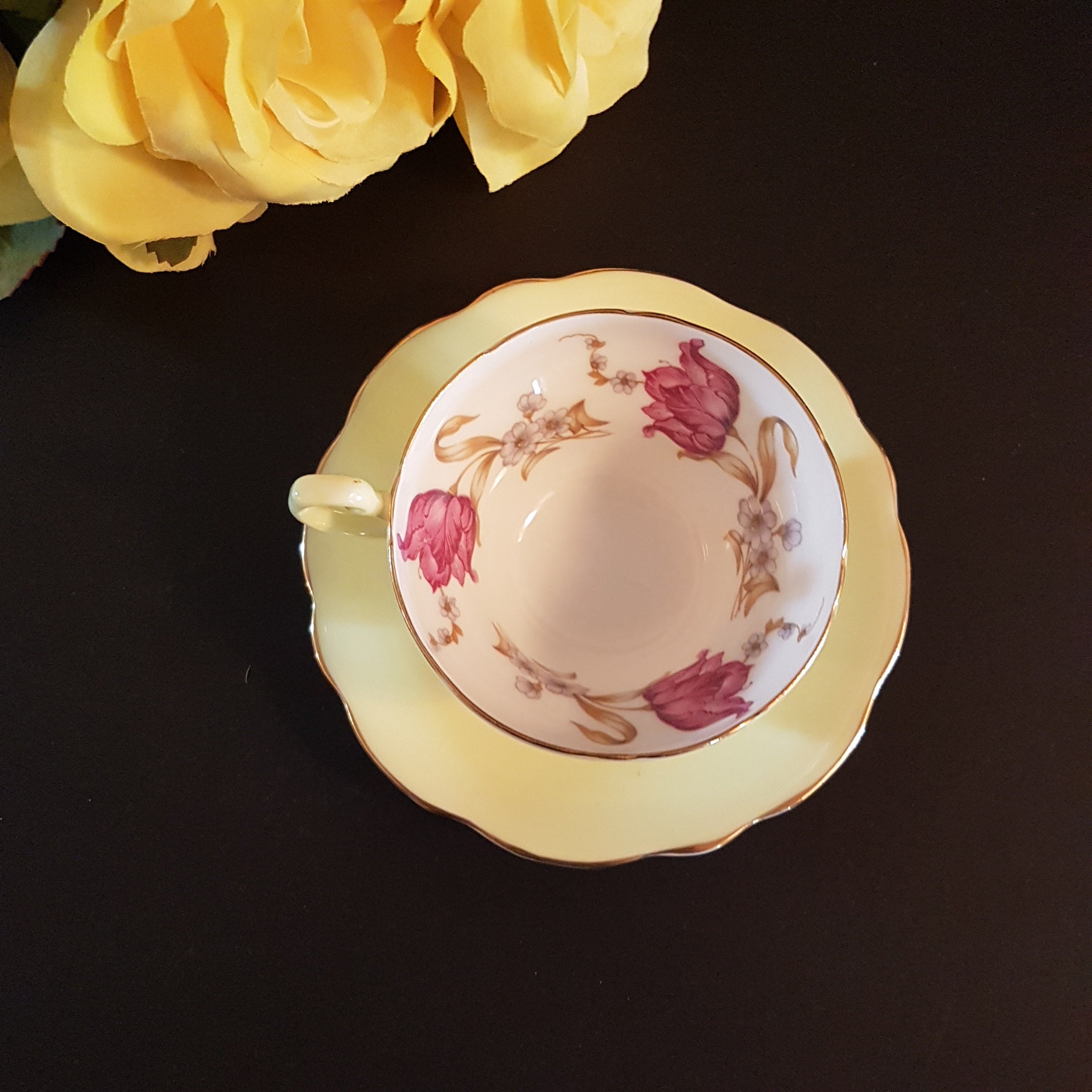 Tea Cup and Saucer, Vintage EB Foley Yellow Tea Cup with Pink Tulips ...