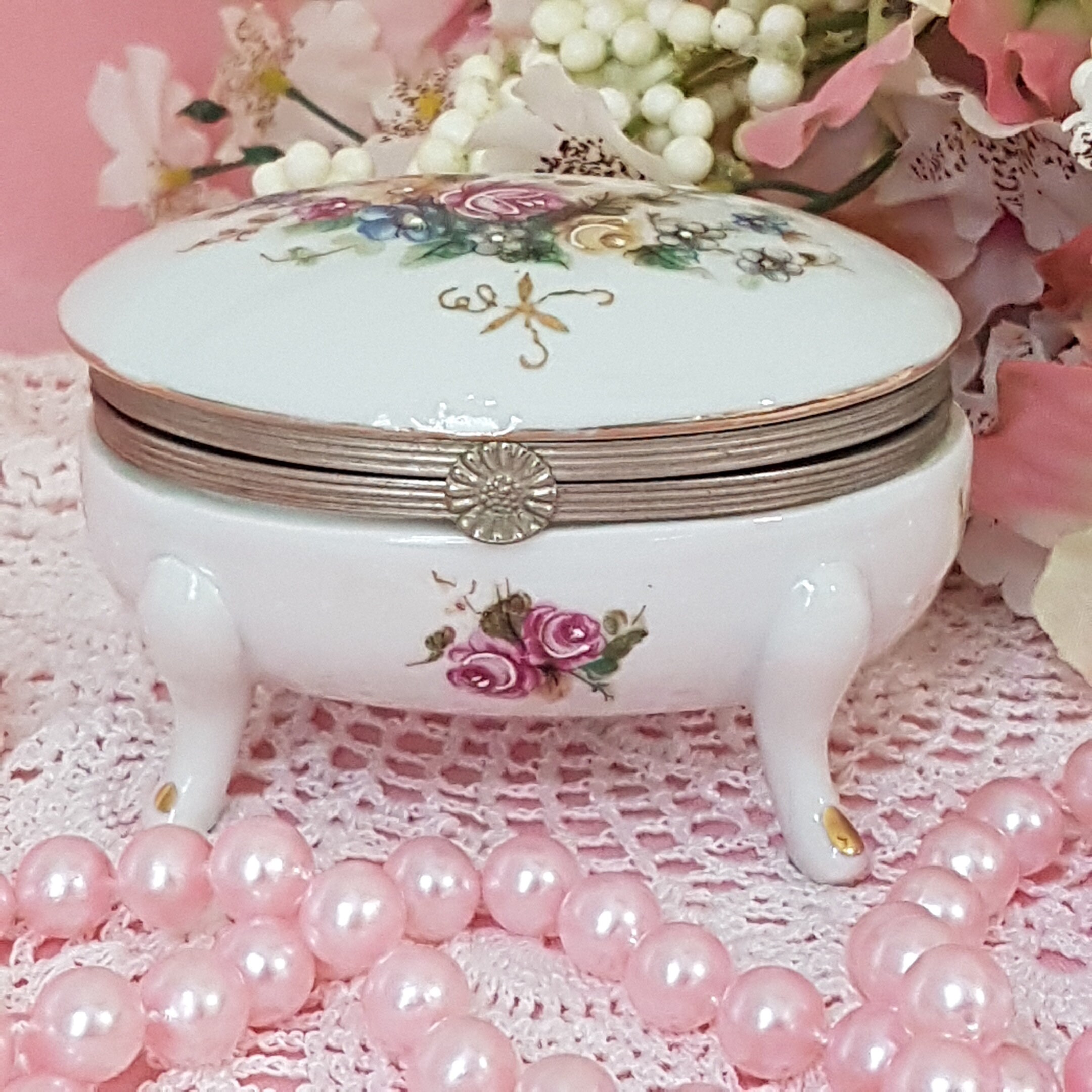 Hand Painted Oval Porcelain Trinket Box with Hinged Top, Romantic ...