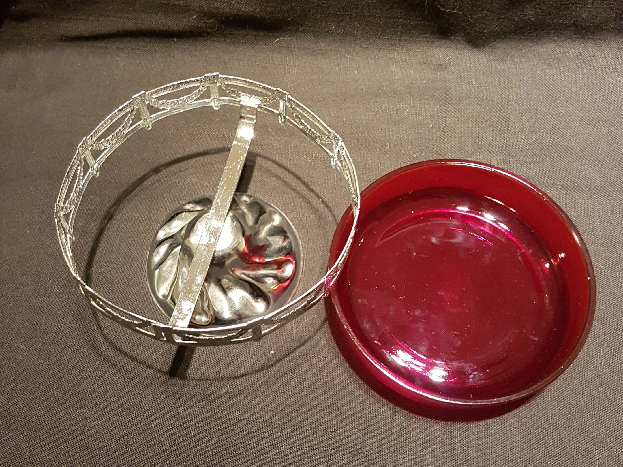 Vintage Ruby Red Glass Dish with Metal Stand, Candy Dish, Trinket Dish