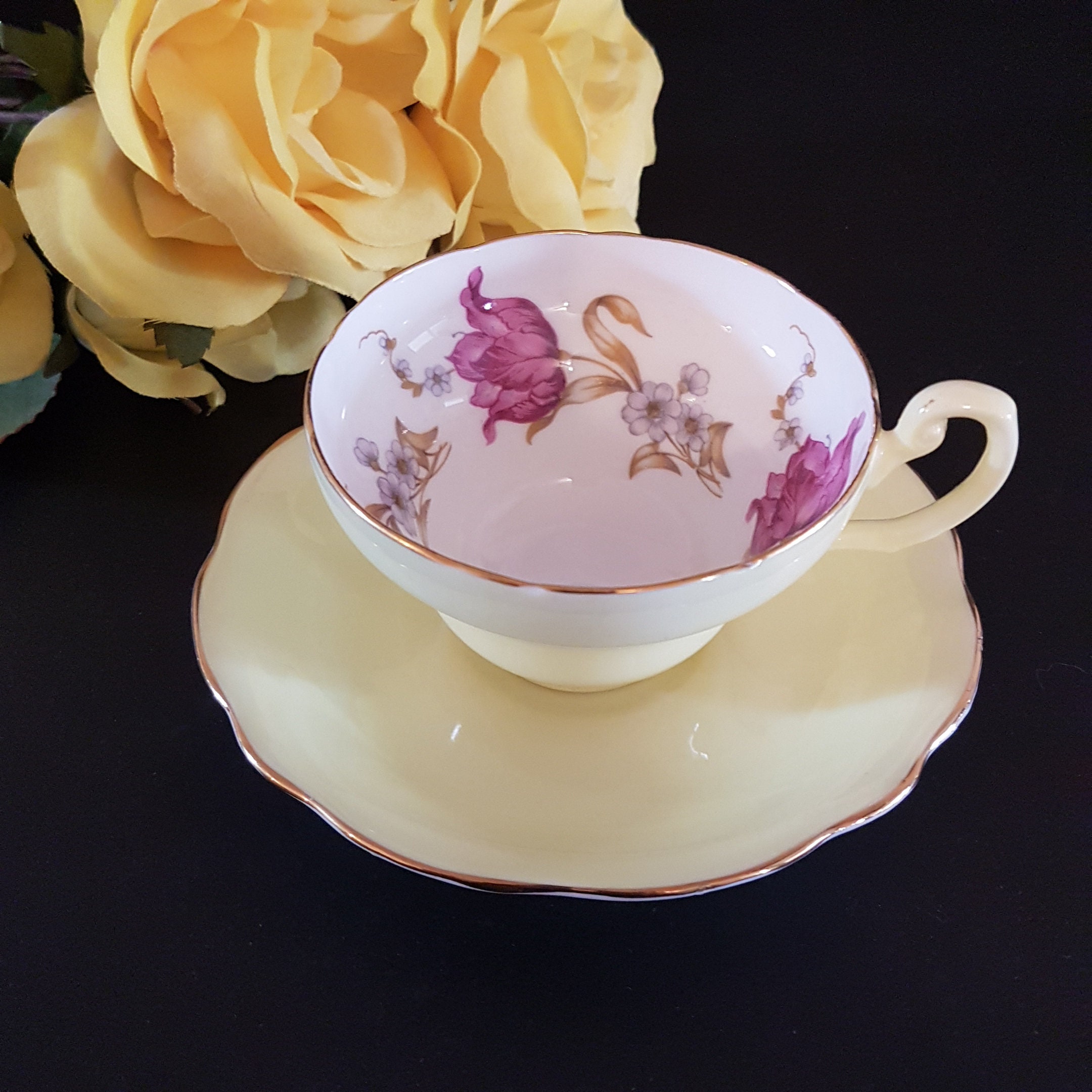 Tea Cup and Saucer, Vintage EB Foley Yellow Tea Cup with Pink Tulips ...