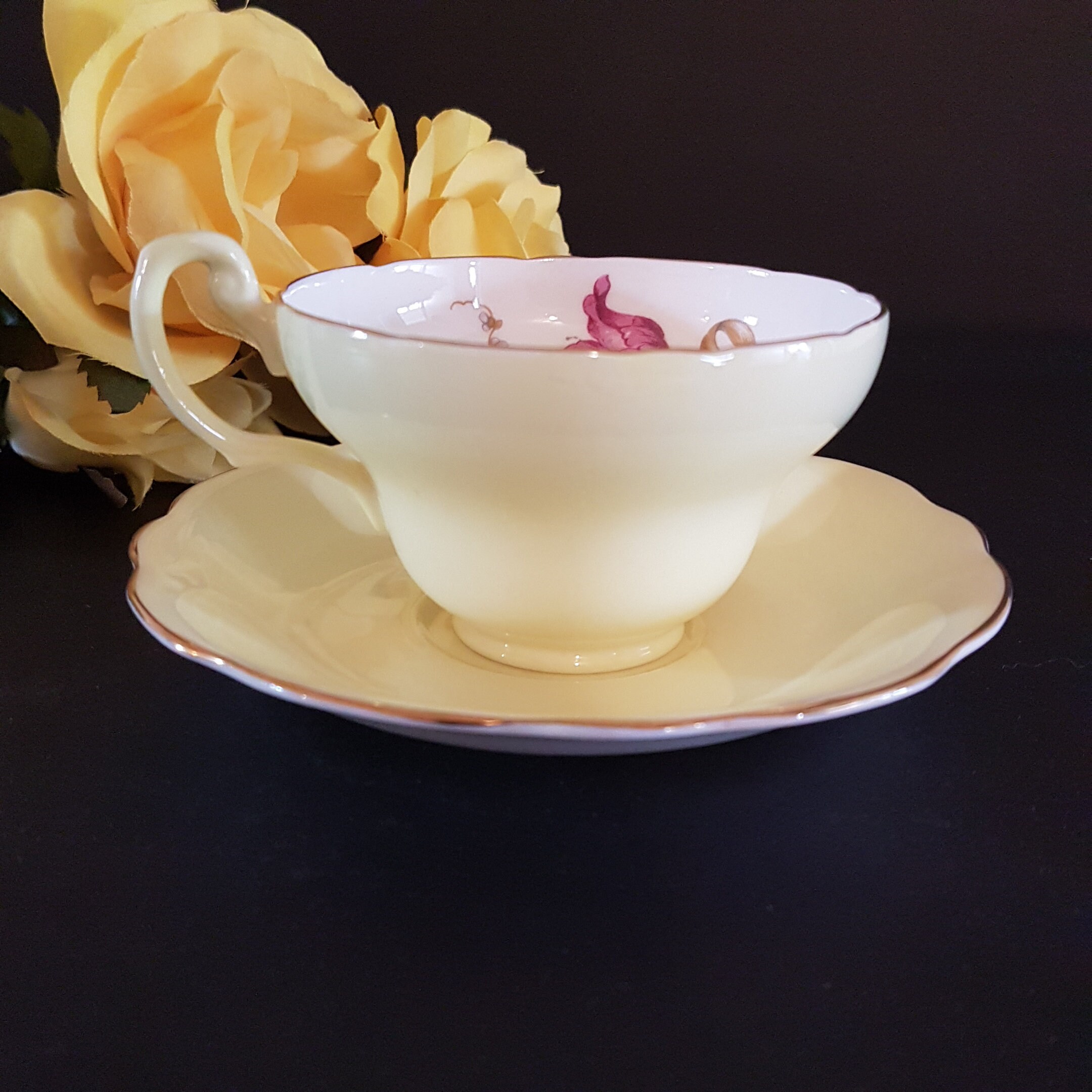 Tea Cup and Saucer, Vintage EB Foley Yellow Tea Cup with Pink Tulips ...