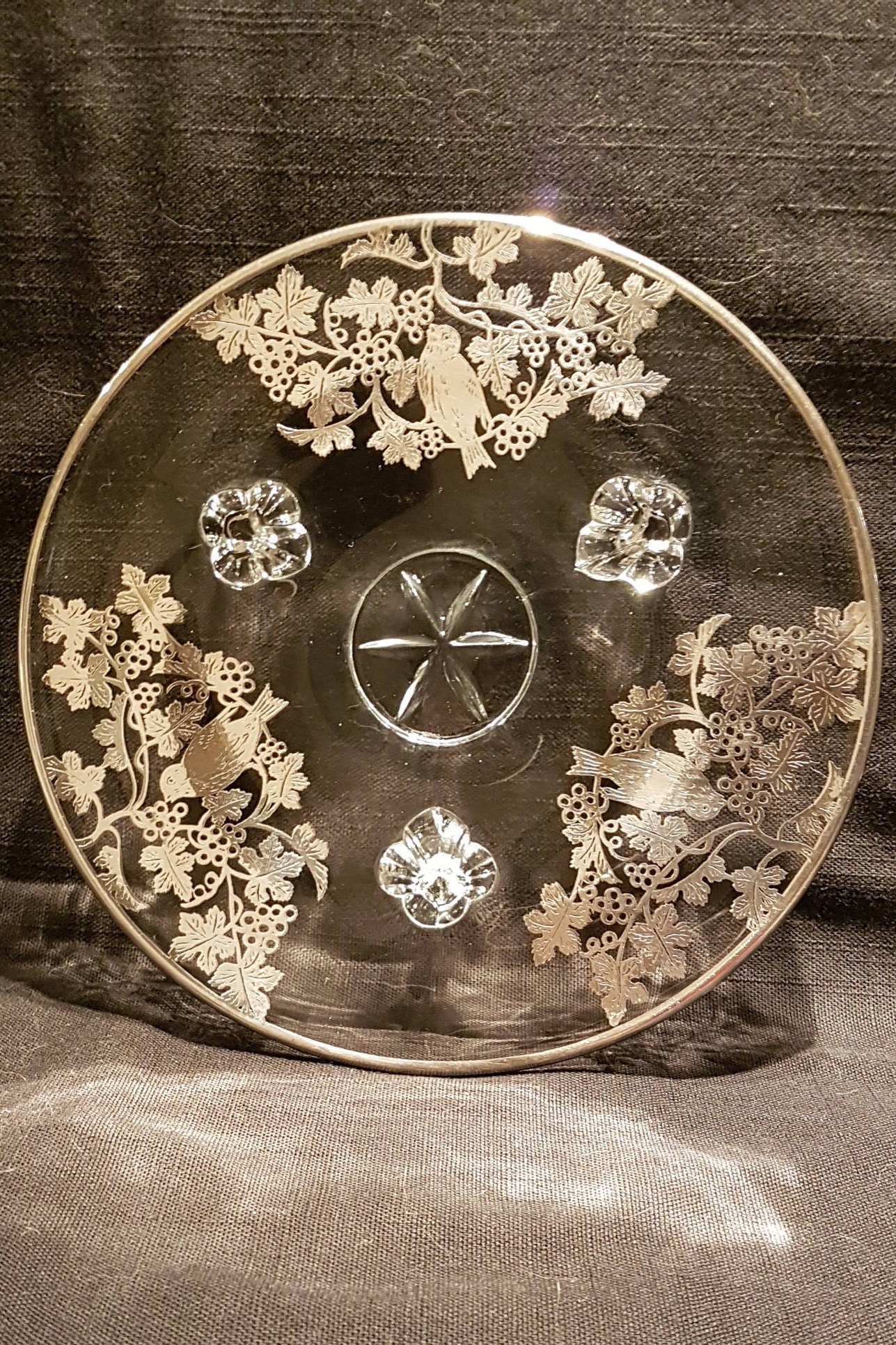 Silver Overlay Glass, Art Deco Silver Glass Footed Plate,Vintage