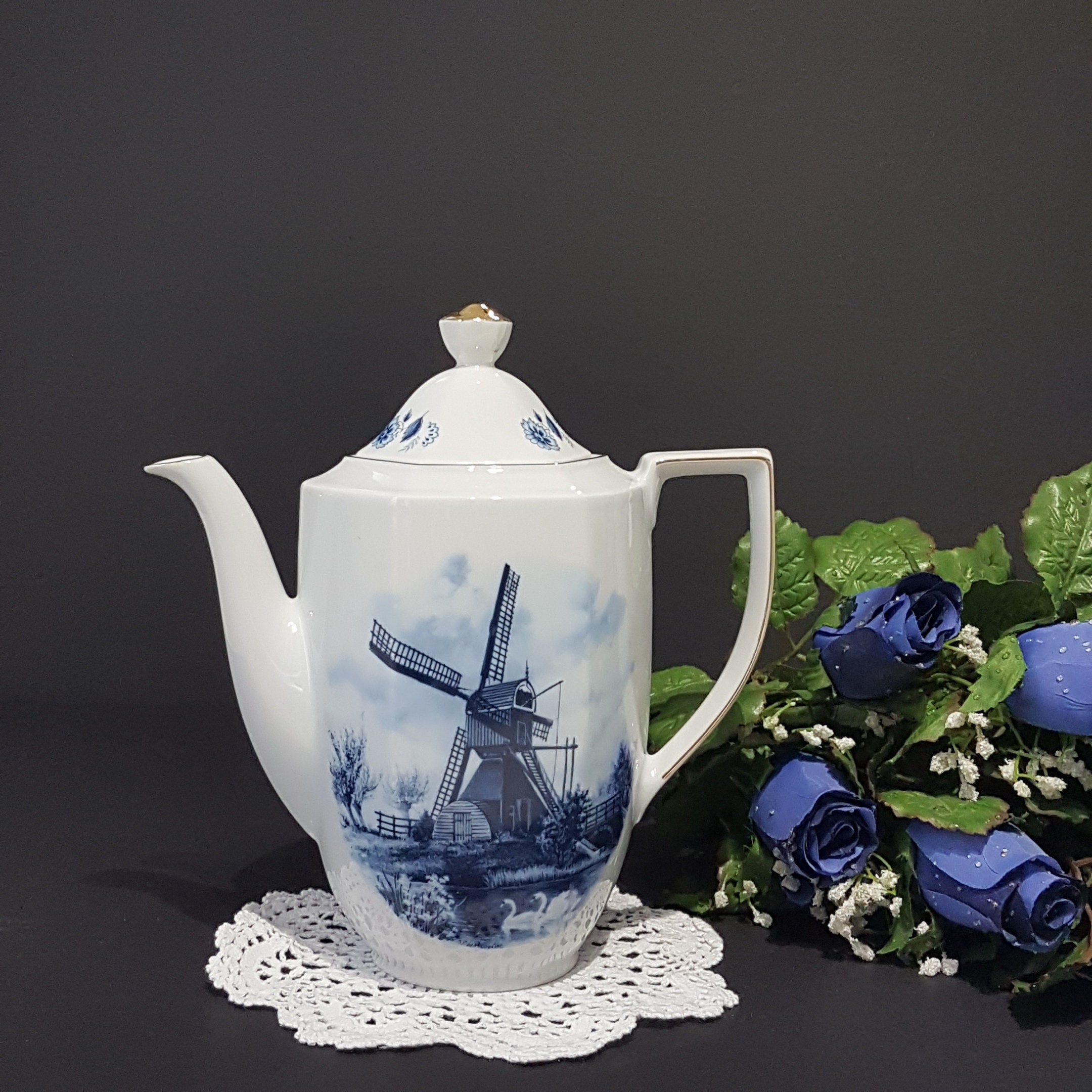 Ter Steege BV Dutch Windmill Teapot, Hand Decorated Delftware Coffee ...