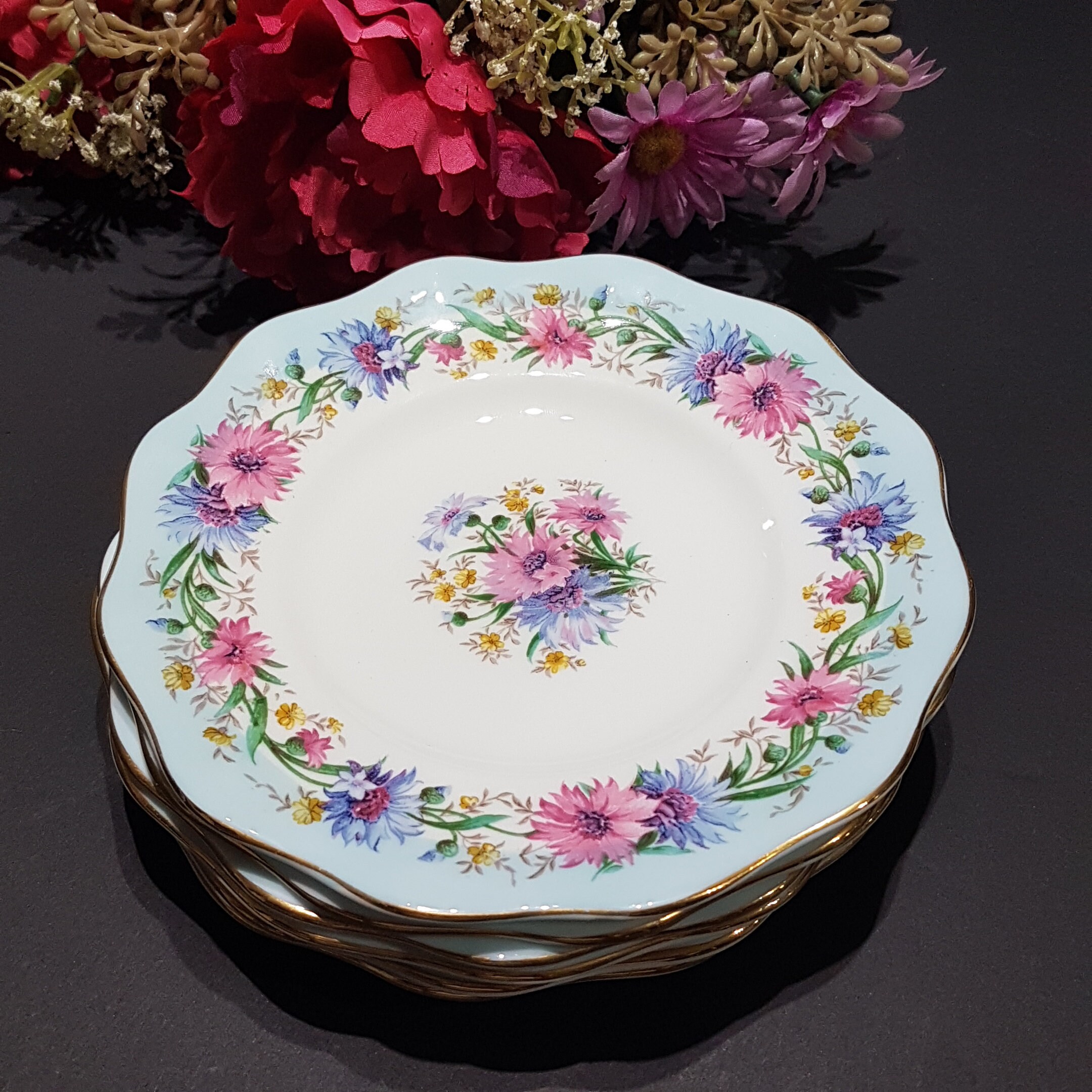 EB Foley CORNFLOWER BLUE 6 Bread & Butter Plates, Floral on Blue 6 Pc ...