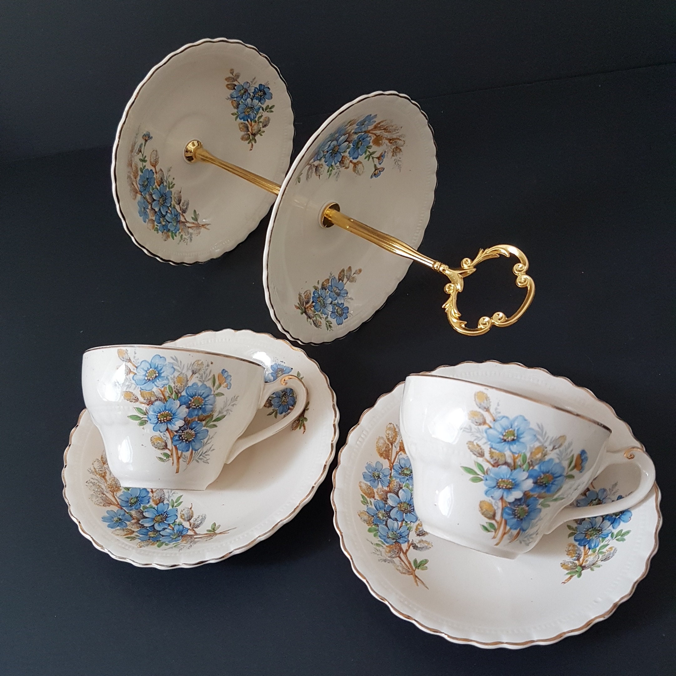 2 Tier Cake Stand with 2 Matching Tea Cup and Saucers, JG Meakin PUSSY ...