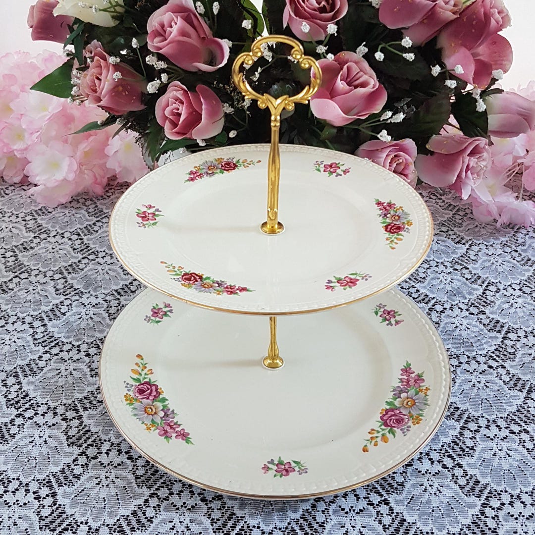 Vintage Floral 2-tier Cake Stand, Pink Rose English Leighton Pottery ...