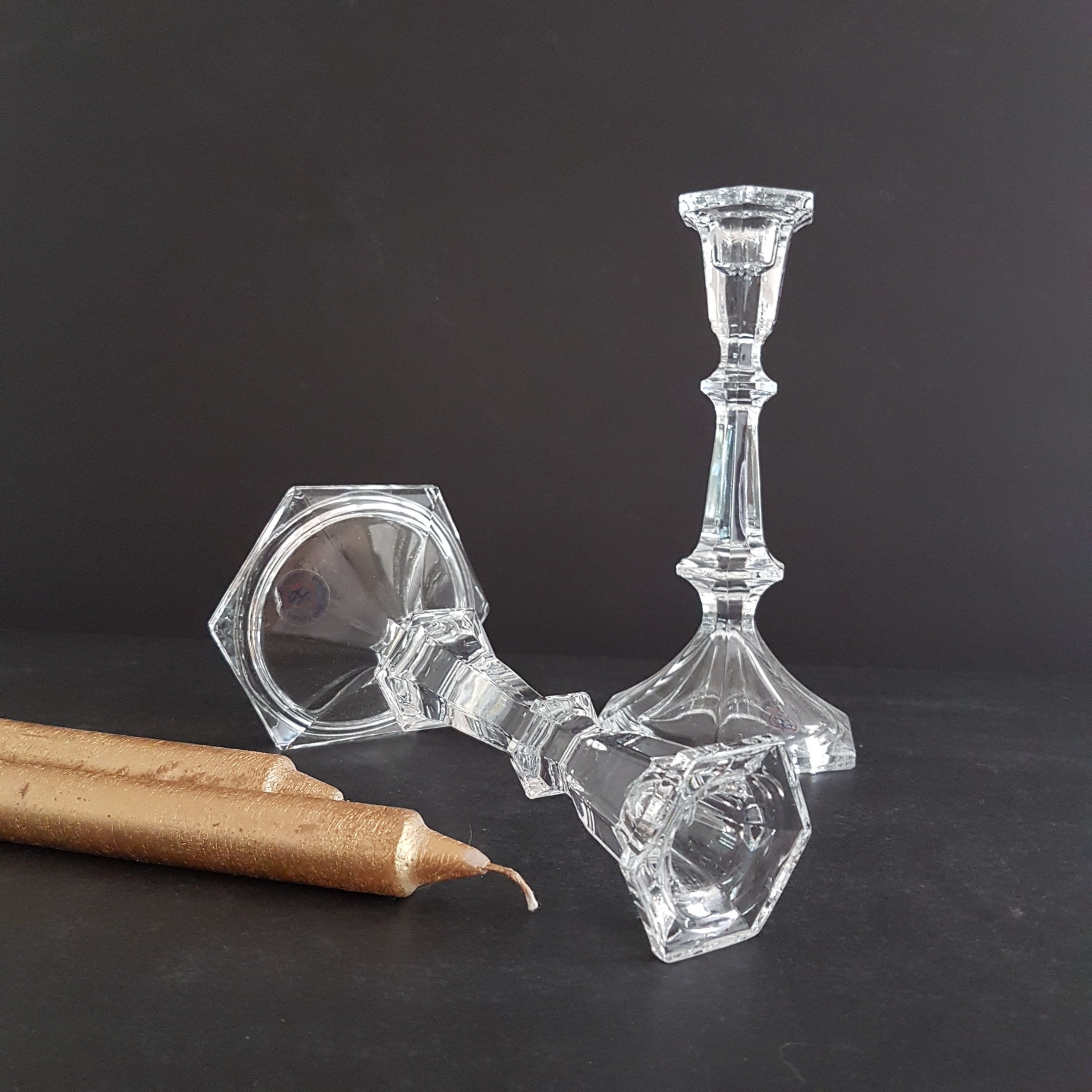 One Pair of St. George Crystal Tall Candlestick Holders, Vintage 8 Lead ...