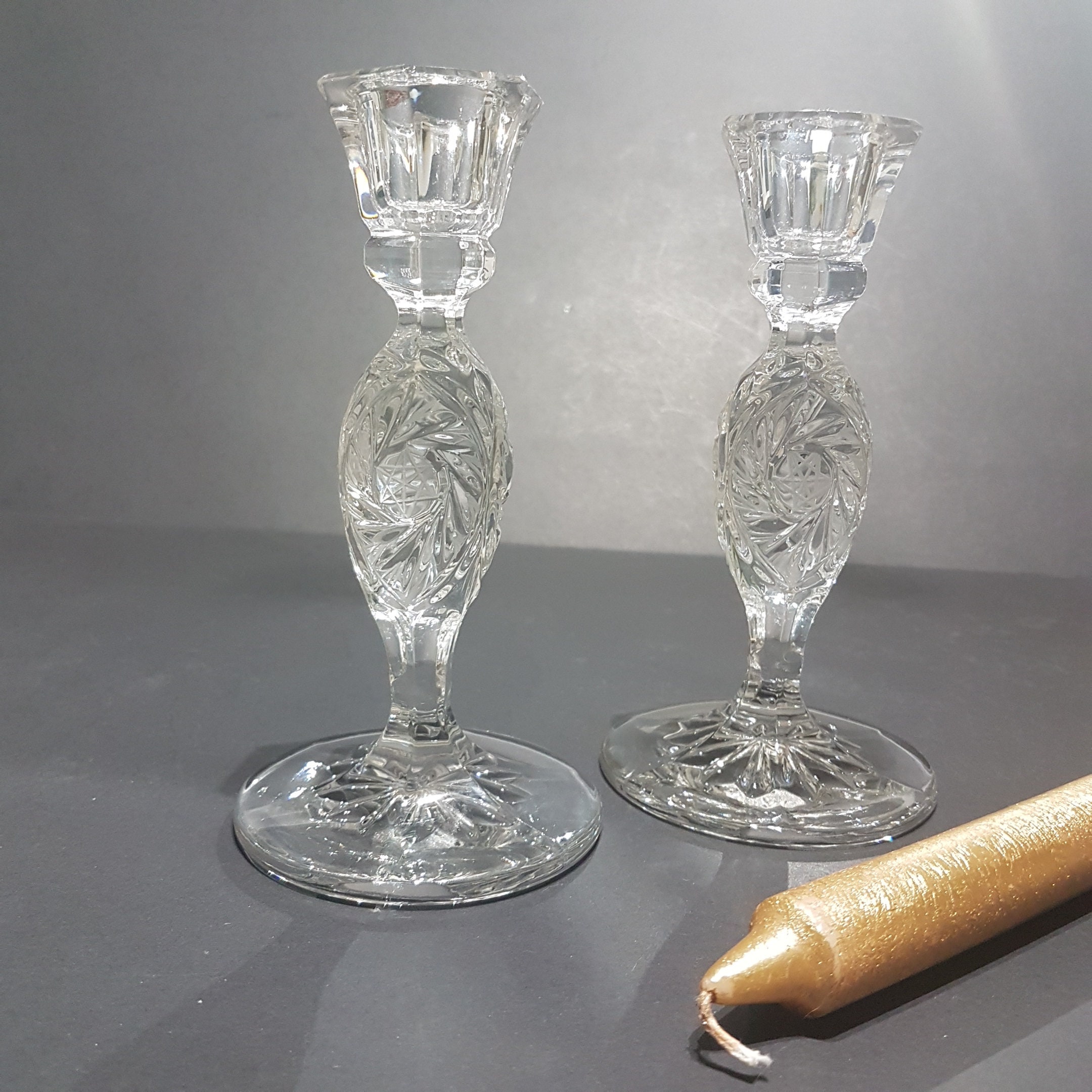 Pair of Lead Crystal Single Candle Holder by American Brilliant Cut ...