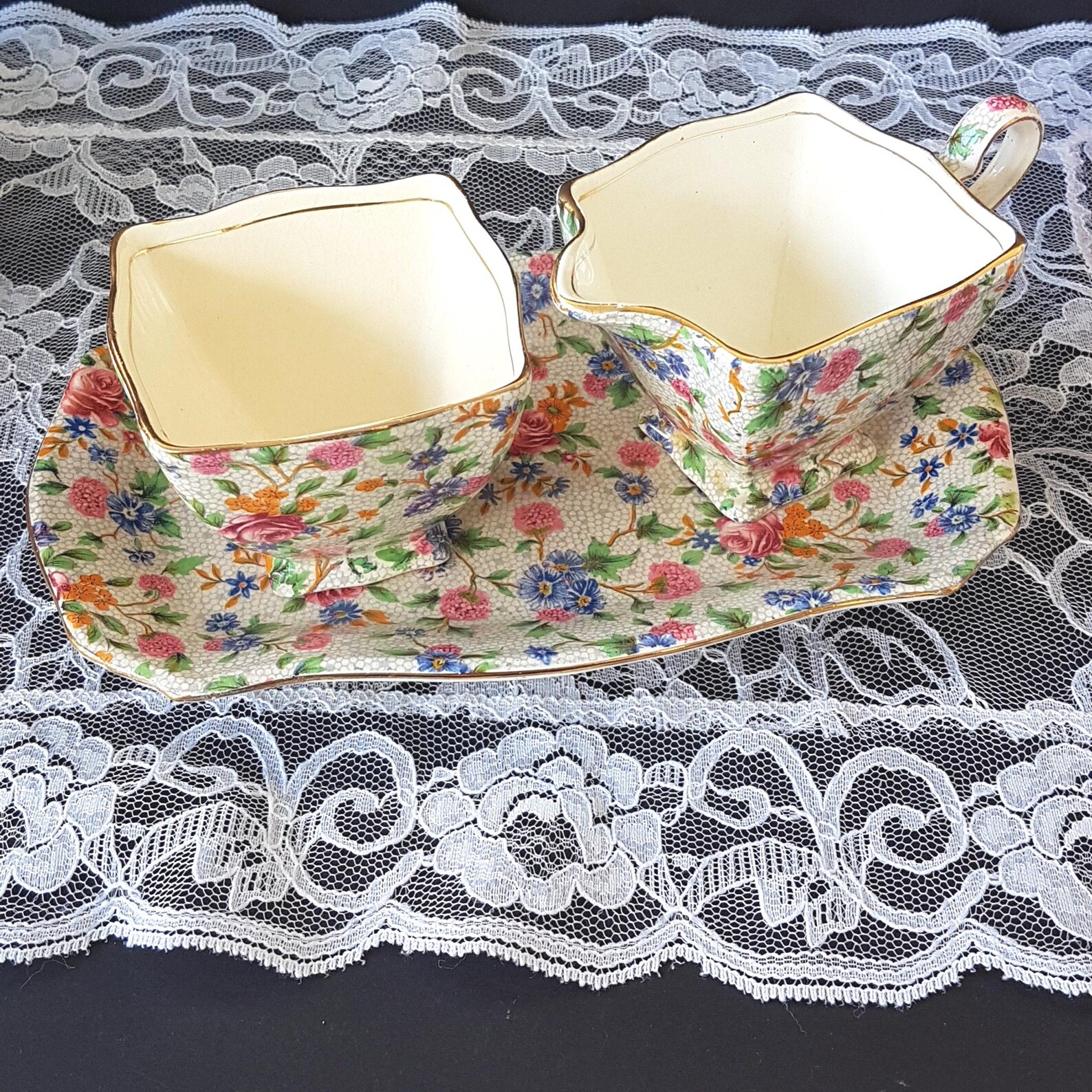 Royal Winton OLD COTTAGE CHINTZ Cream Sugar Set, Made in England, 1930s ...