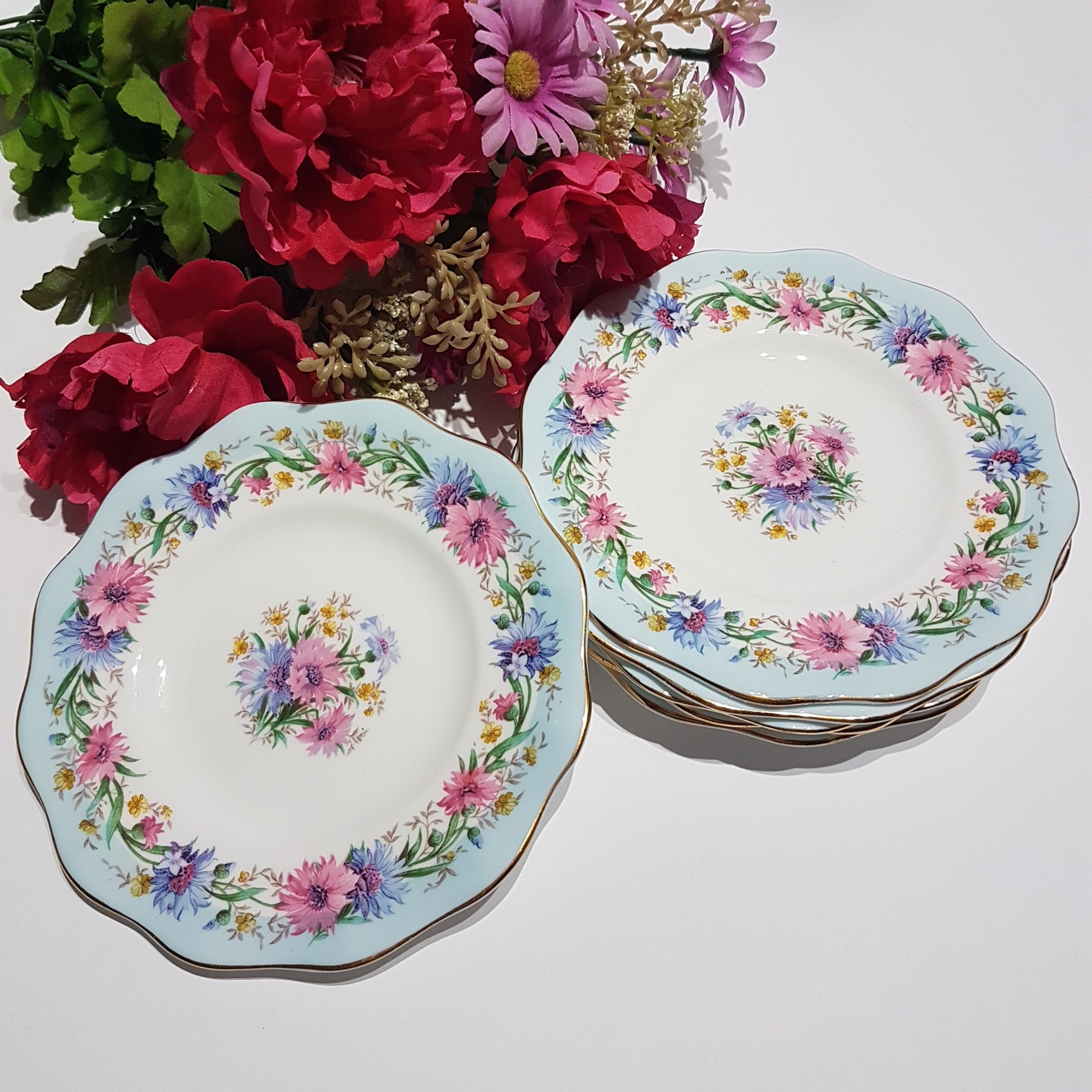 EB Foley CORNFLOWER BLUE 6 Bread & Butter Plates, Floral on Blue 6 Pc ...