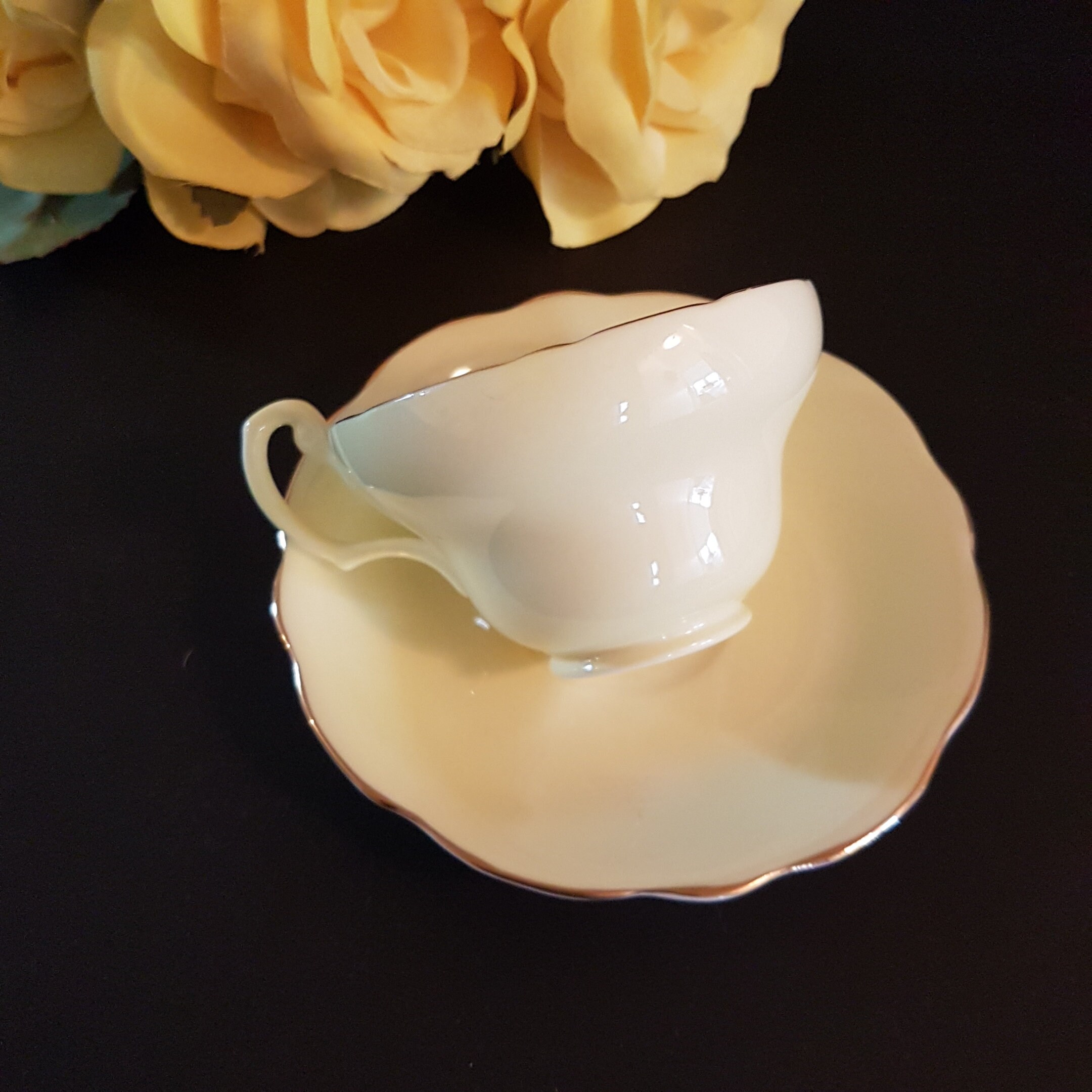Tea Cup and Saucer, Vintage EB Foley Yellow Tea Cup with Pink Tulips ...