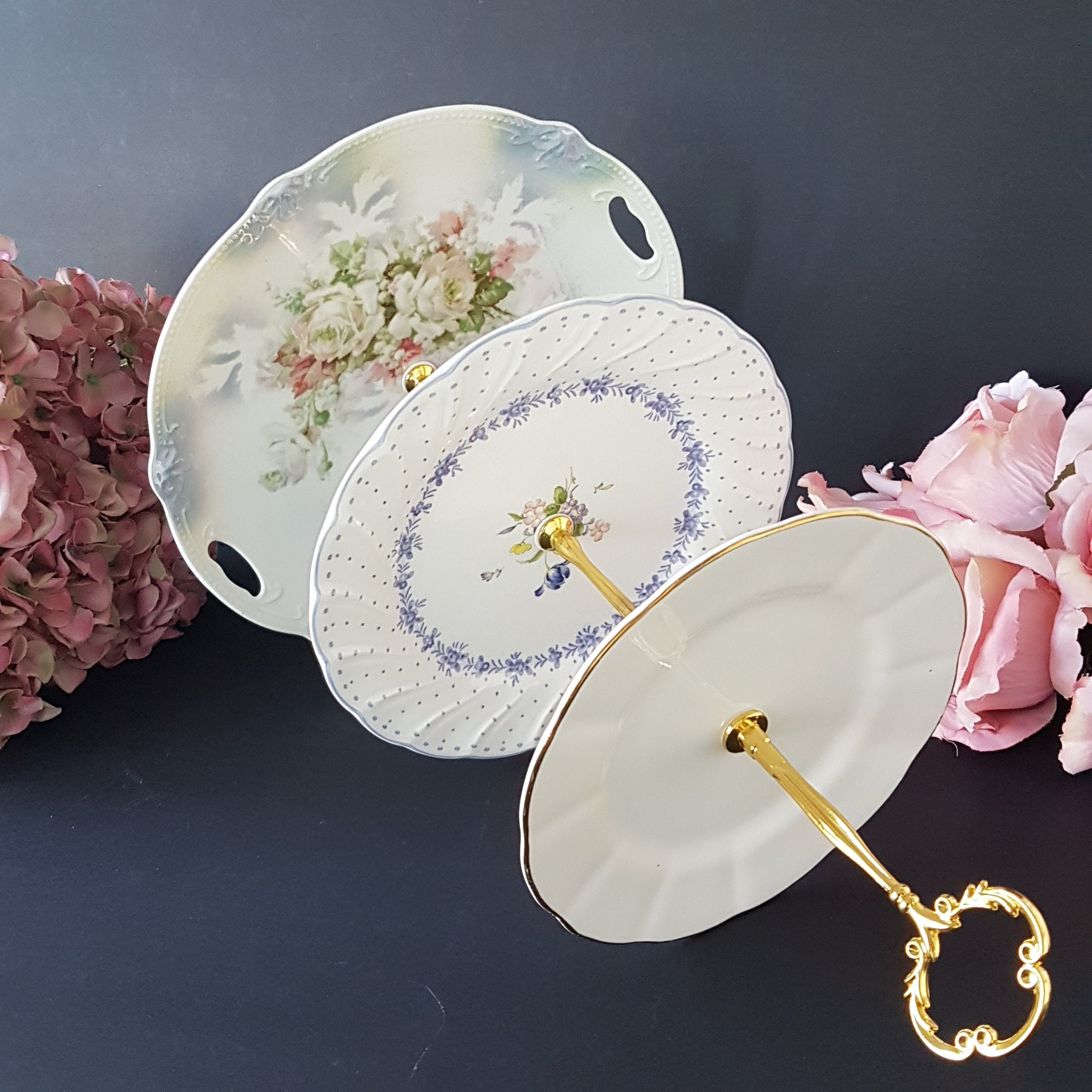 3 Tier Cake Stand, Mismatch Vintage Plates, Blue Purple White, Antique ...