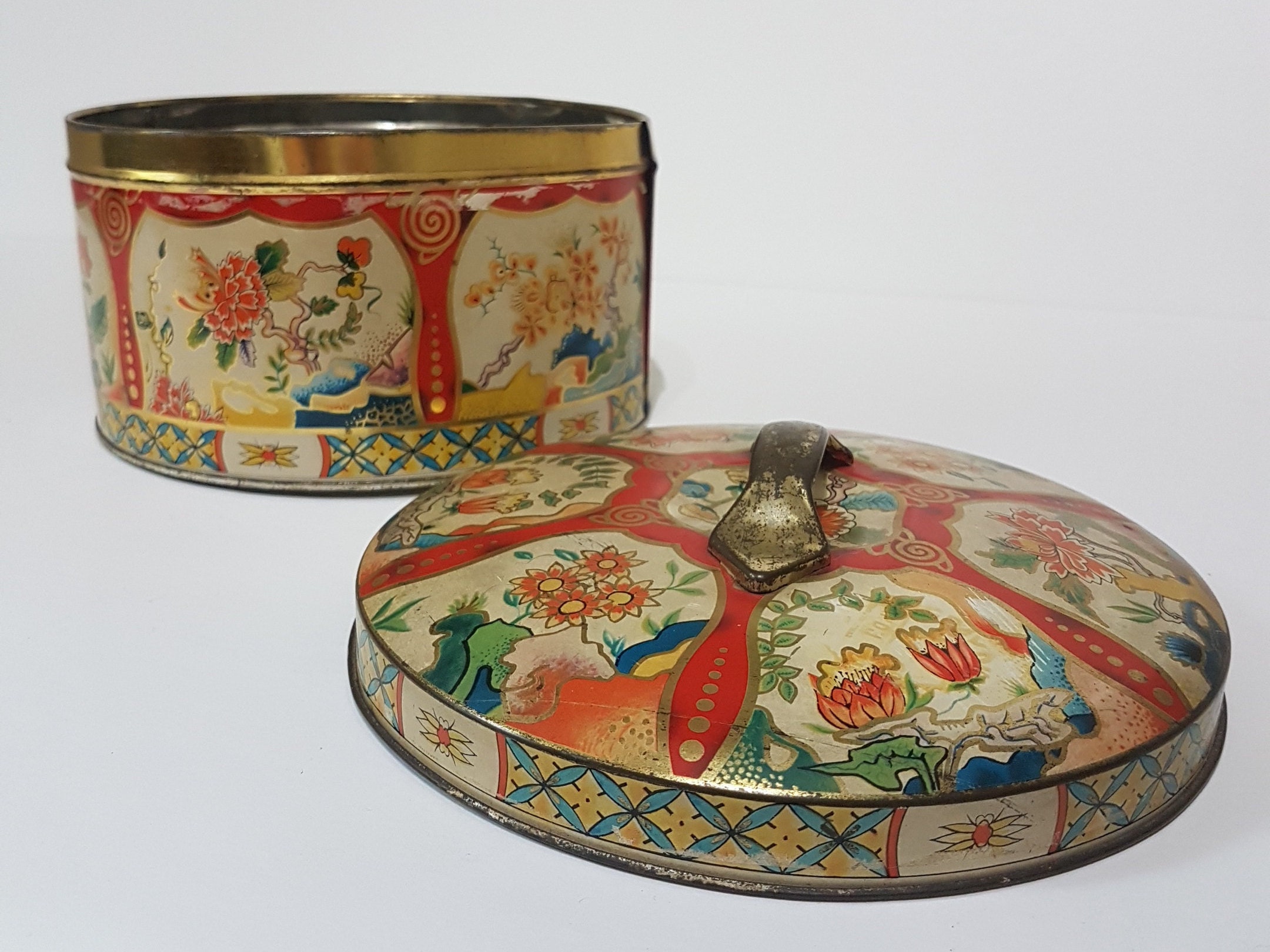Vintage Gray Dunn Biscuit Round Tin Box, Lid with Handle, Asian Theme ...