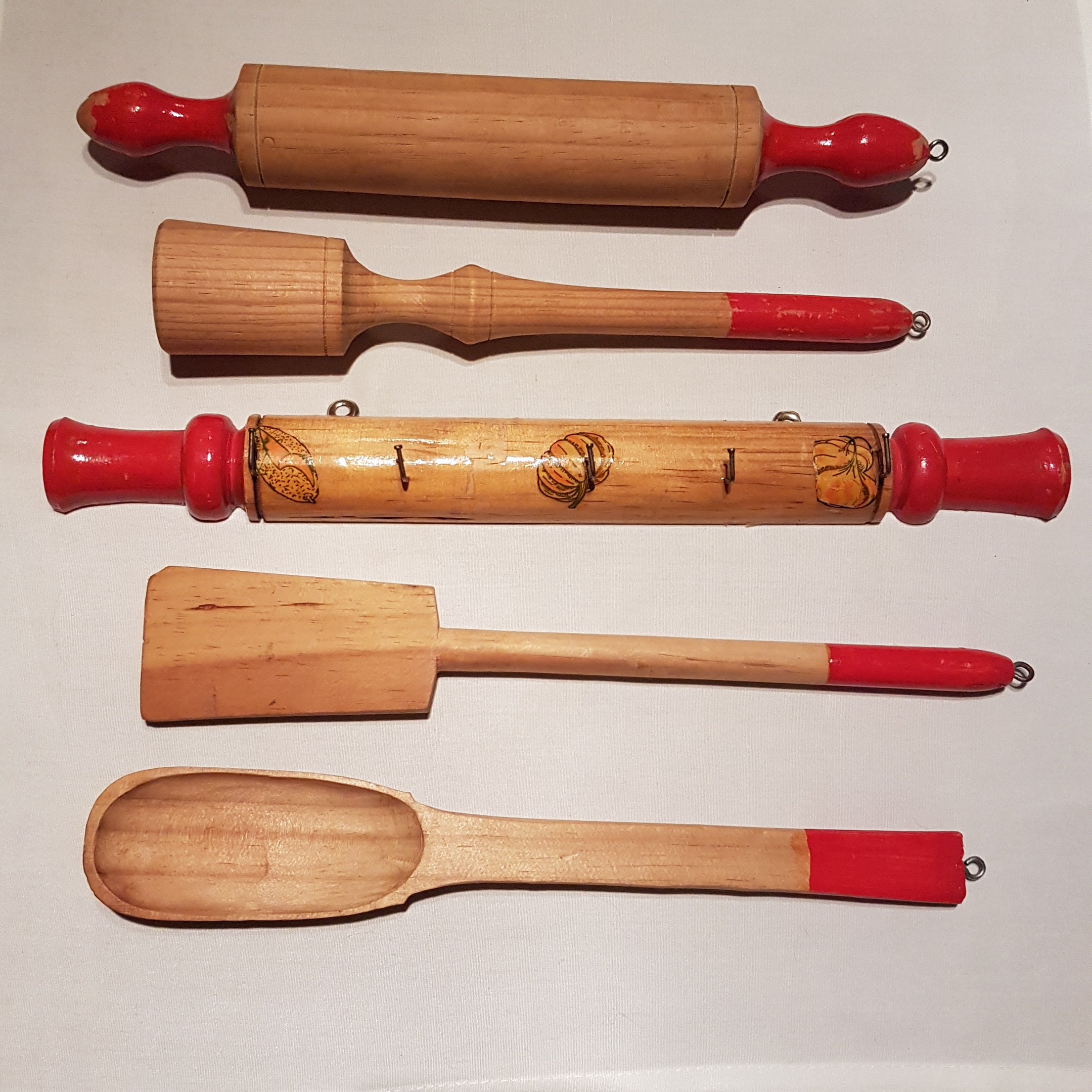 Vintage Red Wooden Hanging Kitchen Utensils, Kitchen Wall Decor ...