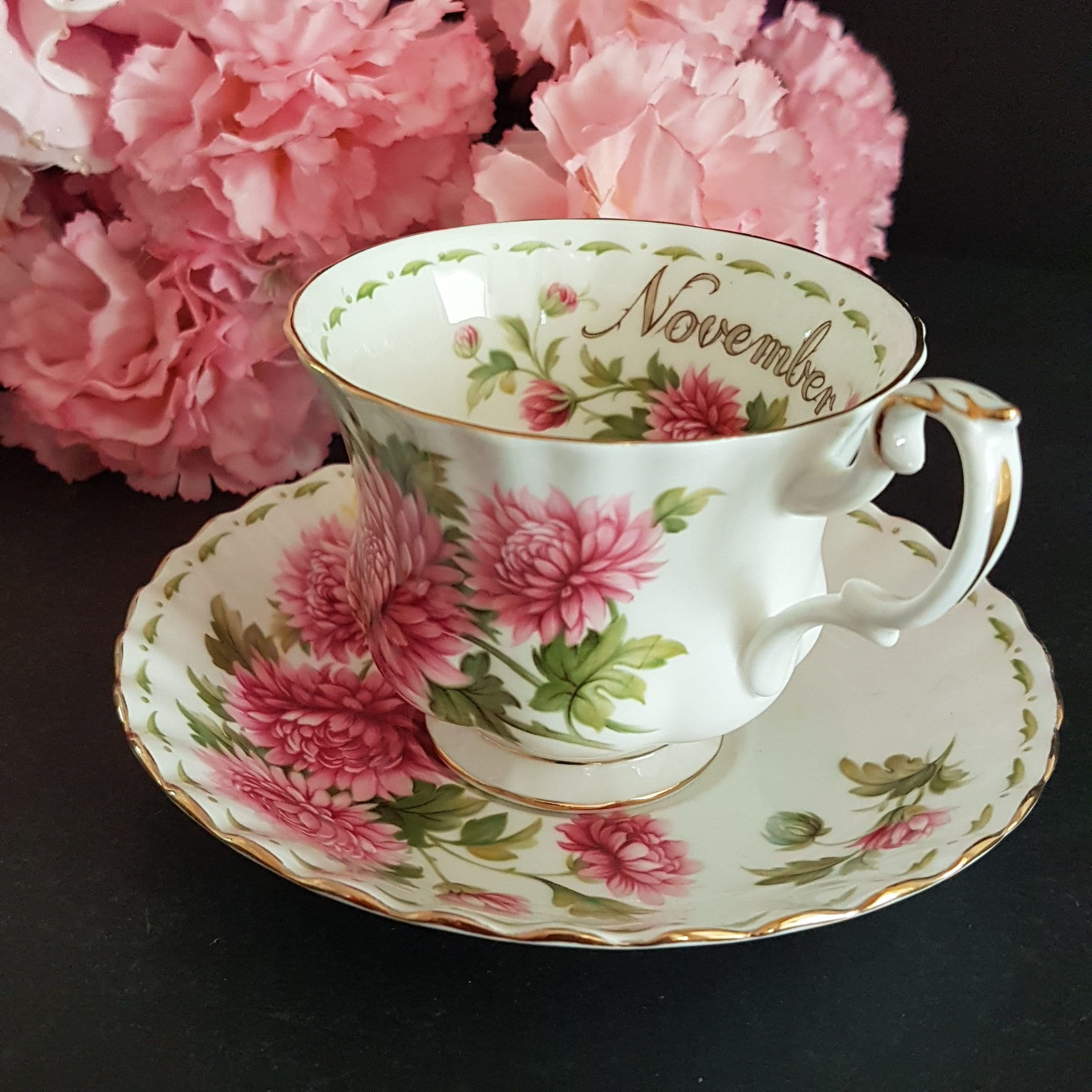 Vintage Royal Albert NOVEMBER Tea Cup & Saucer, Pink Chrysanthemum ...