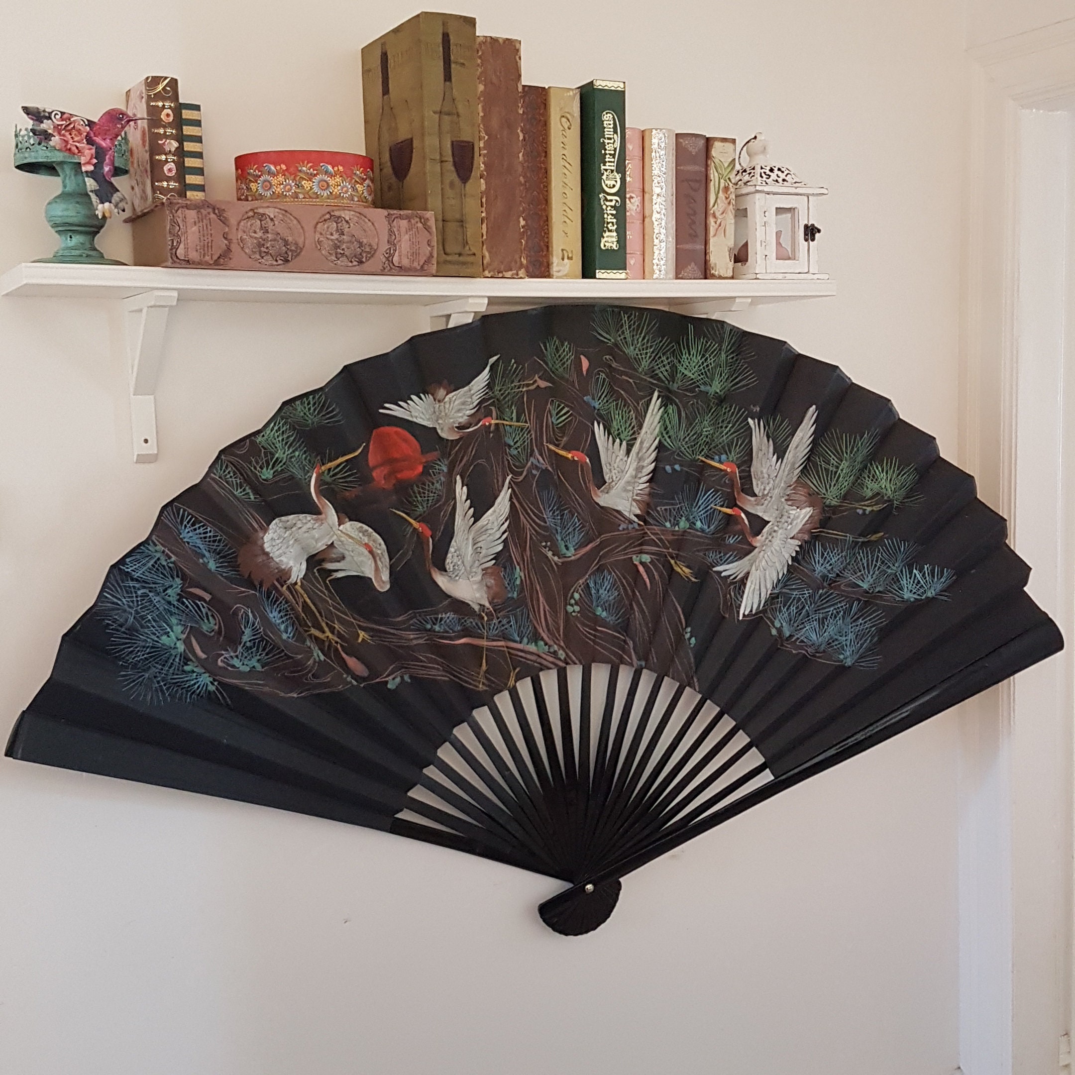 Vintage Large Japanese Decorative Wall Fan, 70 inch, Hand Painted White ...