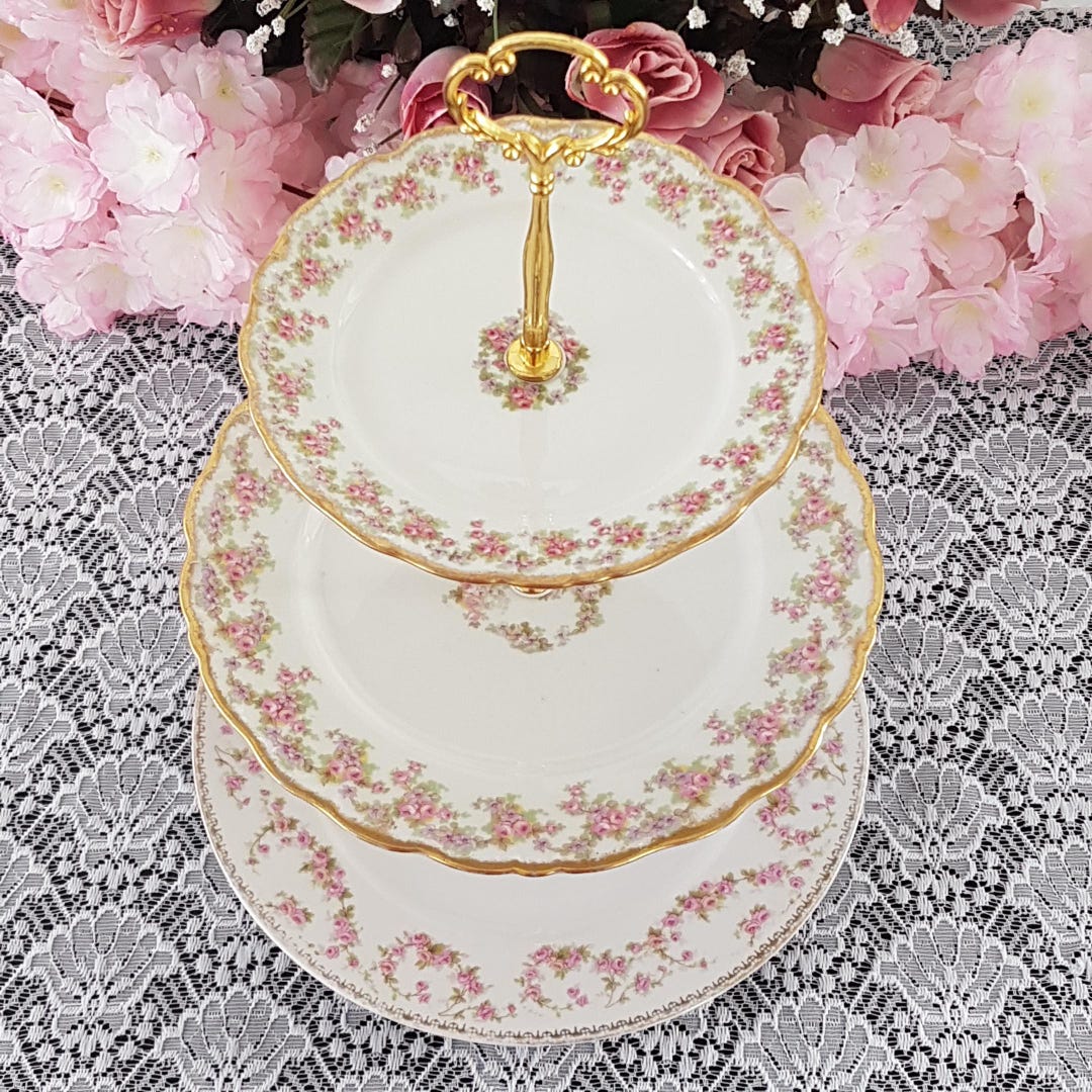 3 Tier Cake Stand, Antique Mismatched Pink Rose Porcelain Tiered Plates ...