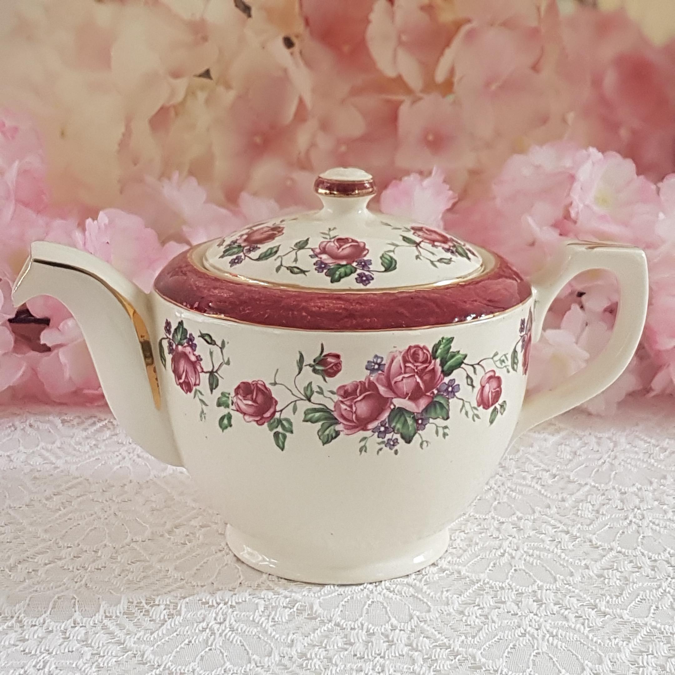 English Royal Tudor Ware Vintage Pink Floral Teapot, 1950s