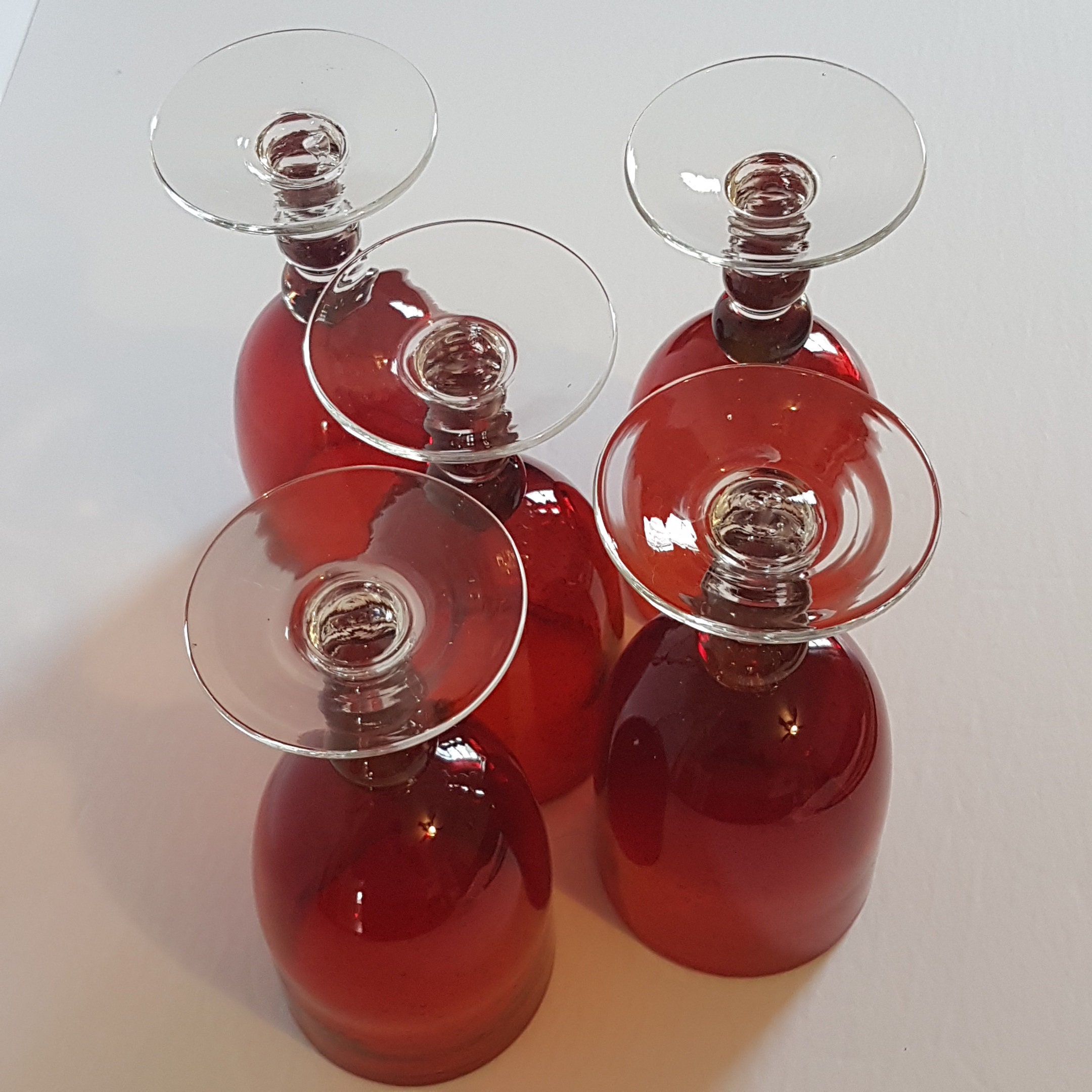 Set of 5 Ruby Red Blown Glass Goblets, 3 Ball Clear Stem, Vintage Hand ...