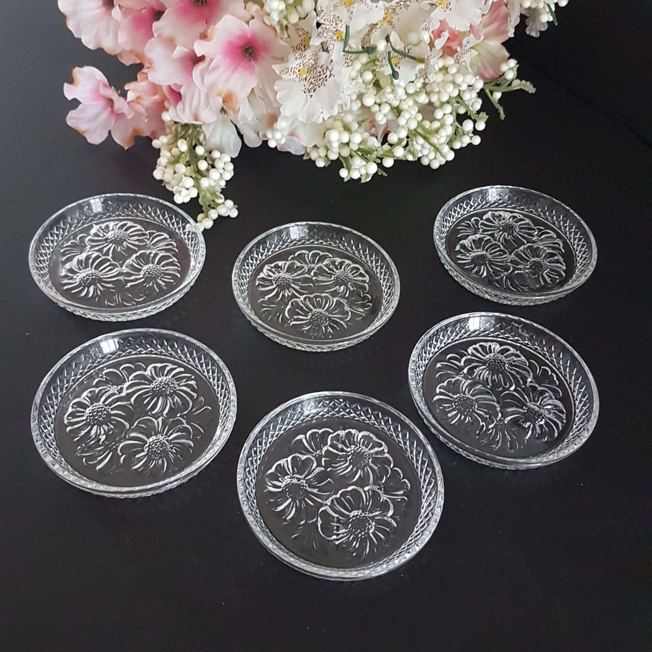 Set of 6 Cristal D'Arques Clear Glass Crystal Coasters with Floral ...