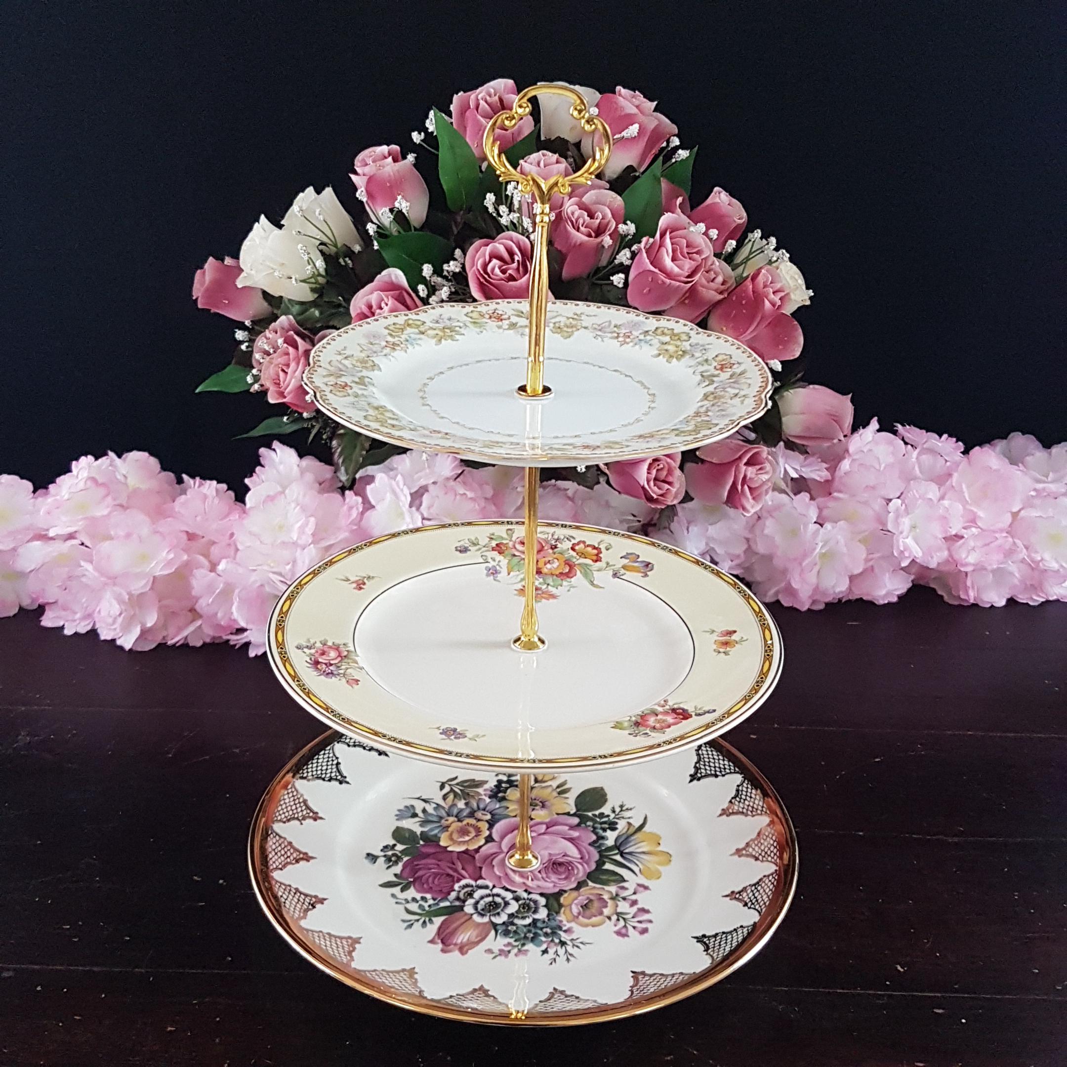 3 Tiered Cake Stand, Yellow Floral Mismatched Tiered Plates Tea Party ...