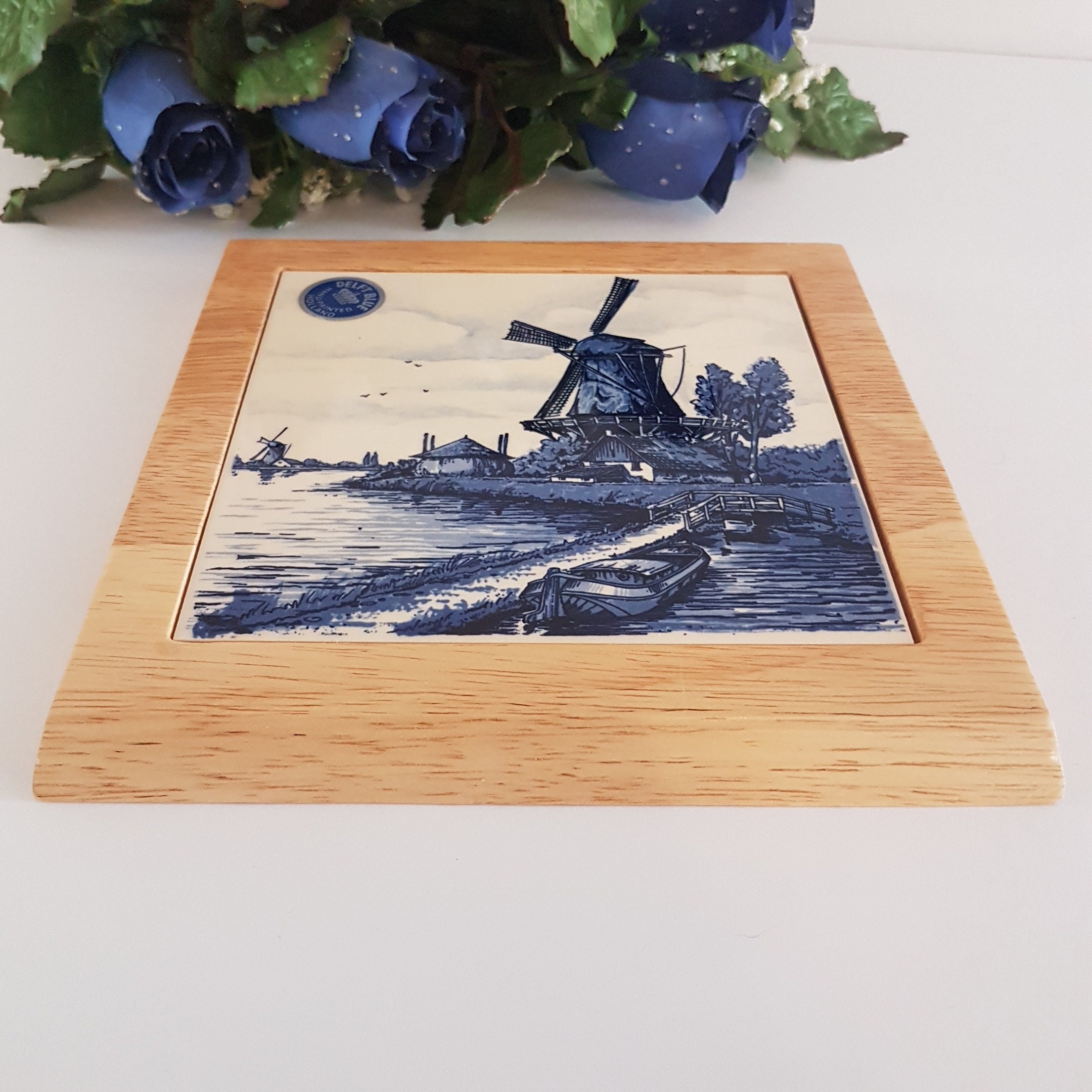 Vintage Dutch Delft Blue Trivet on Wood, Table Tile Trivet with Wood ...