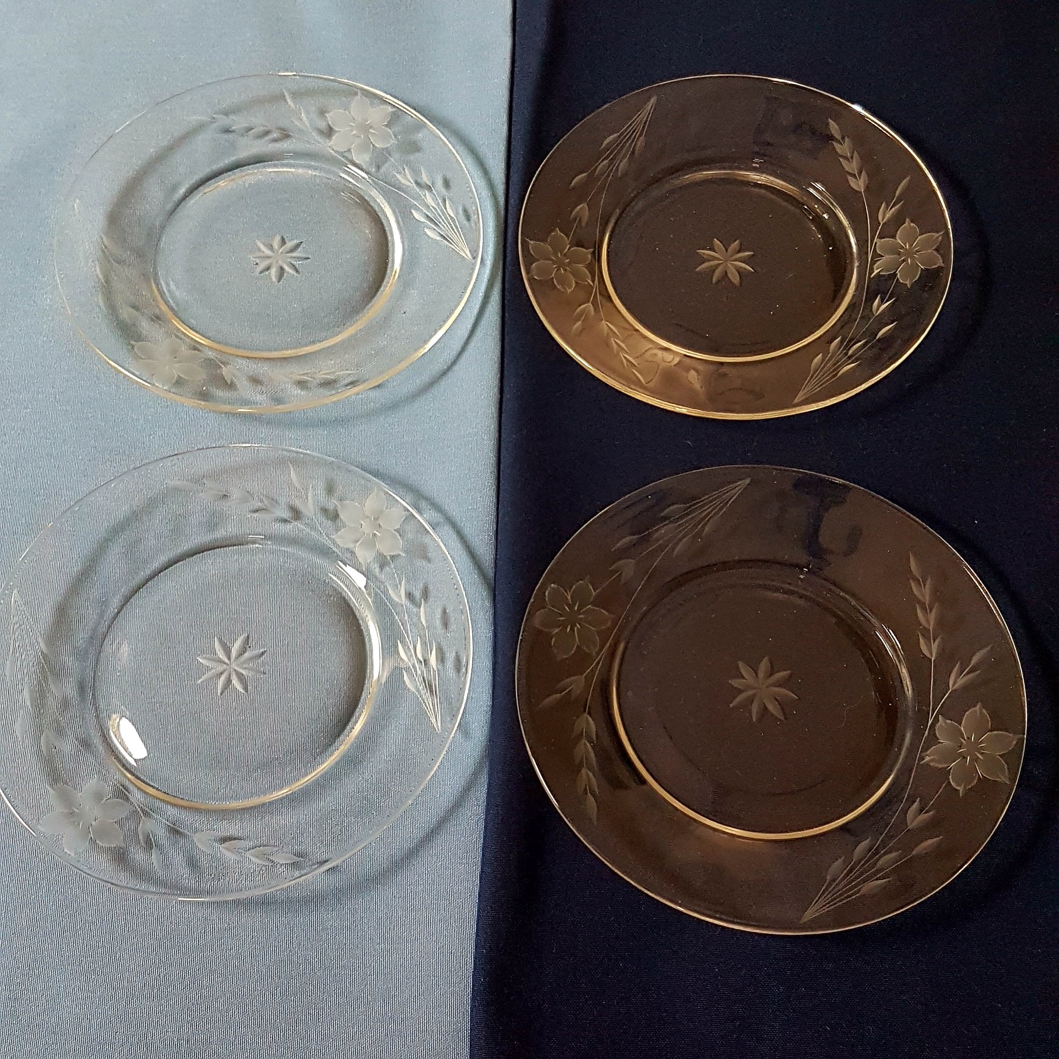 Set of 4 Clear Glass Side Plates, Etched Flowers, Leaves, Star, Dessert ... Set of 4 Clear Glass Side Plates, Etched Flowers, Leaves, Star, Dessert ...