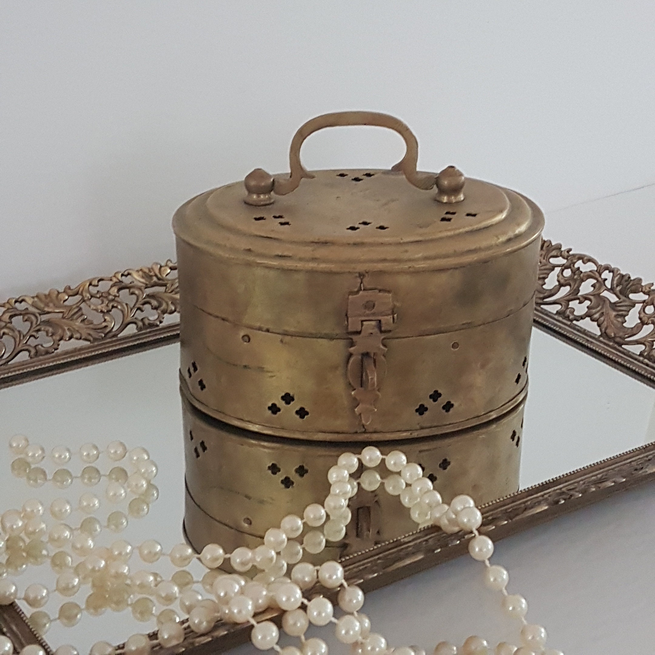 Vintage Lockable Brass Oval Box with Handle, Hinged Lid, Made in India ...