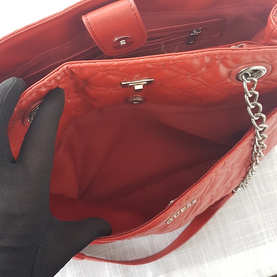 Vintage GUESS Red Quilted Faux Leather Shoulder Bag w… - Gem