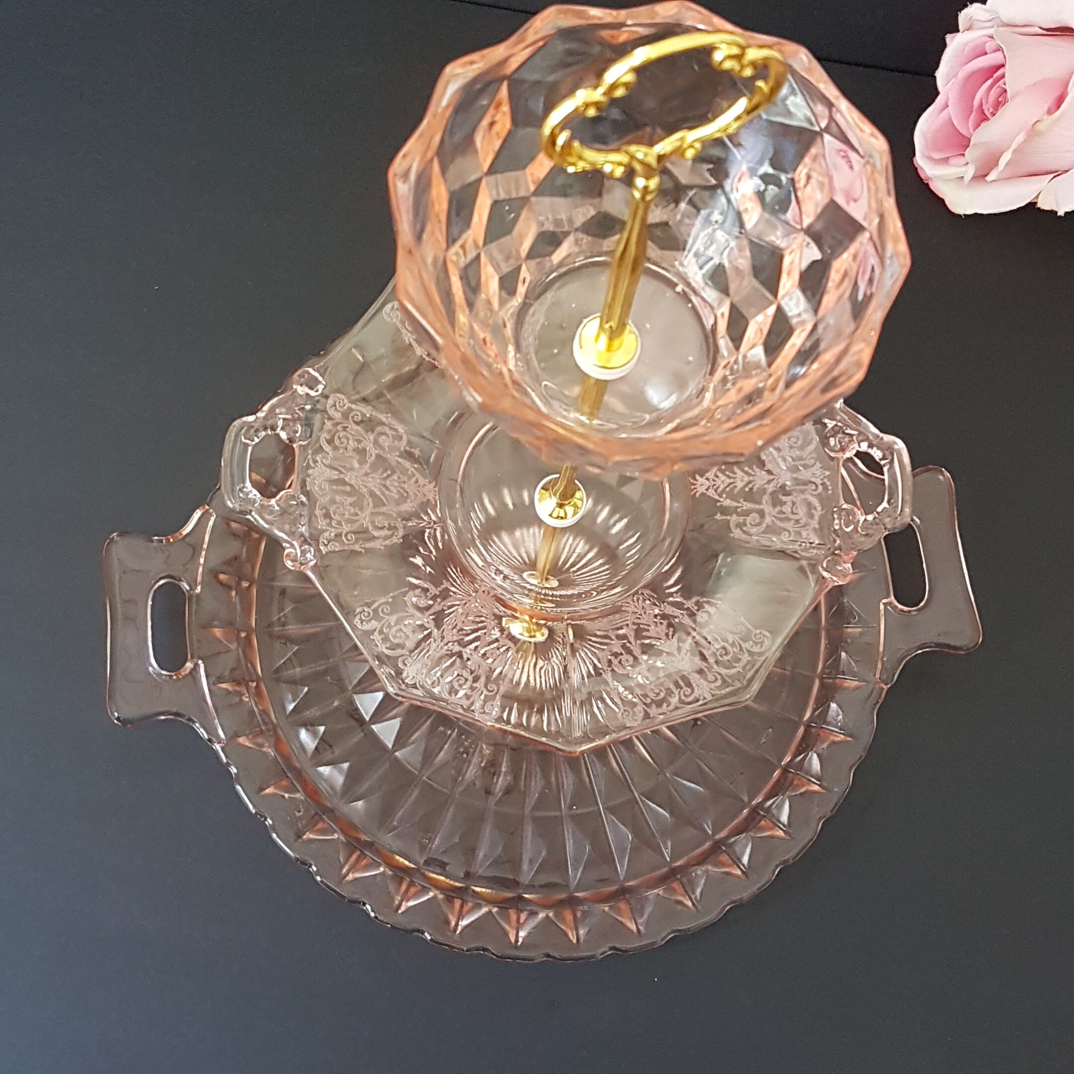 3 Tier Cake Stand, Mismatch All Pink Depression Glass Plates, Afternoon ...